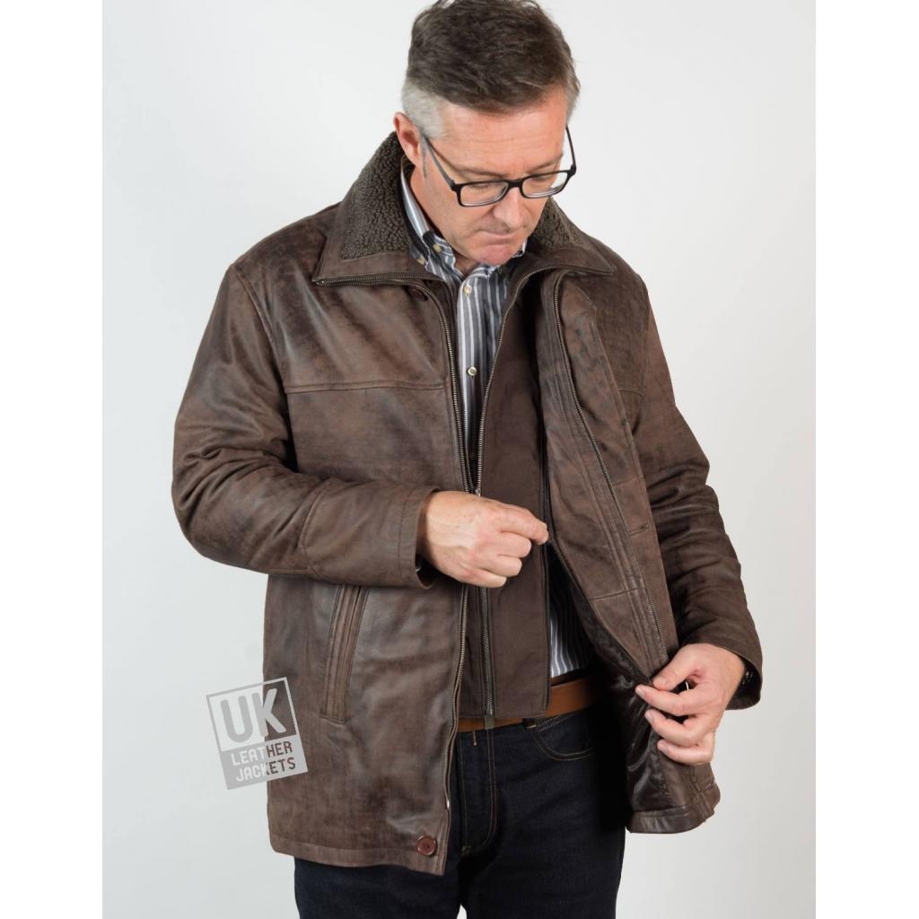 Mens Brown Nubuck Leather Coat --Detach Fleece Collar
