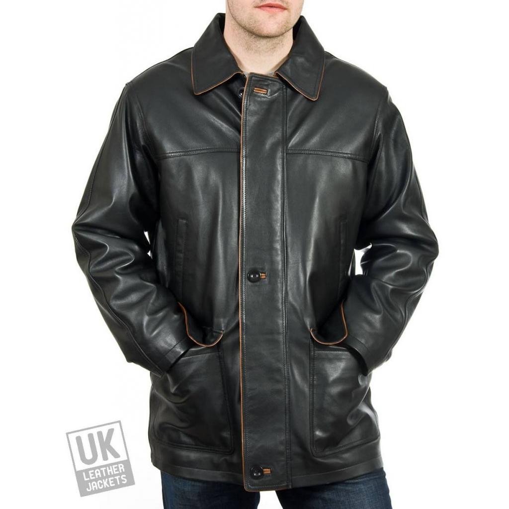Men's Black Leather Coat Jacket - Hip Length - Hamilton | Free UK Delivery