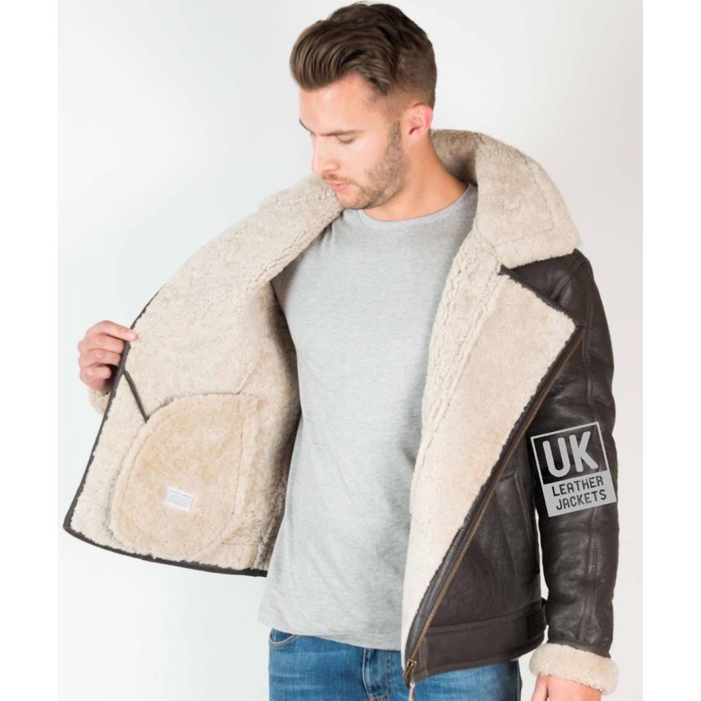 Men's Brown Shearling Sheepskin Flying Jacket - Vail | Free UK Delivery