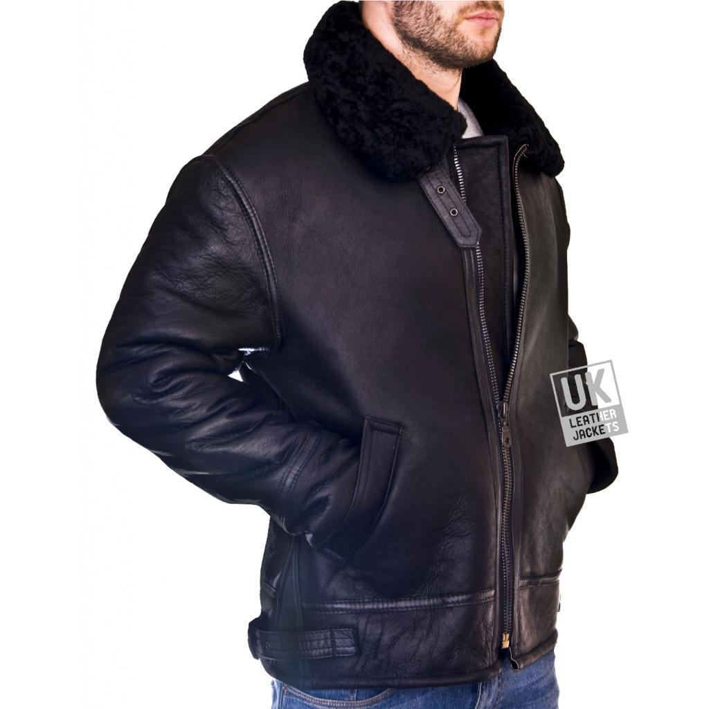 Men's Shearling Sheepskin Flying Jacket - Black Wool - Atlas