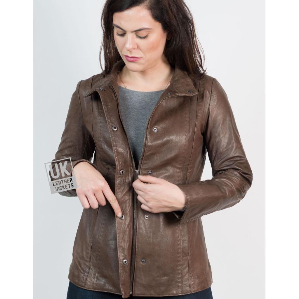 Womens Hip Length Zip Leather Jacket - Brown - Eva | Free UK Delivery