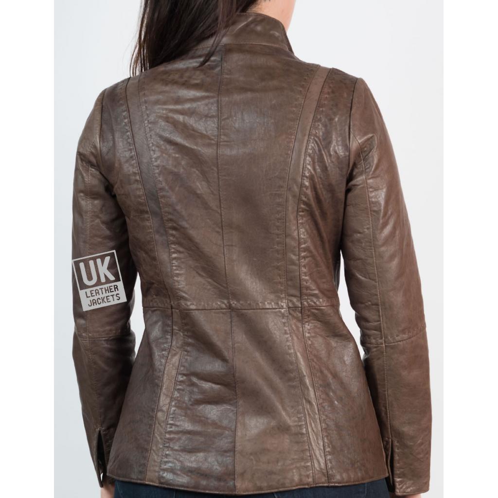Womens Hip Length Zip Leather Jacket - Brown - Eva | Free UK Delivery