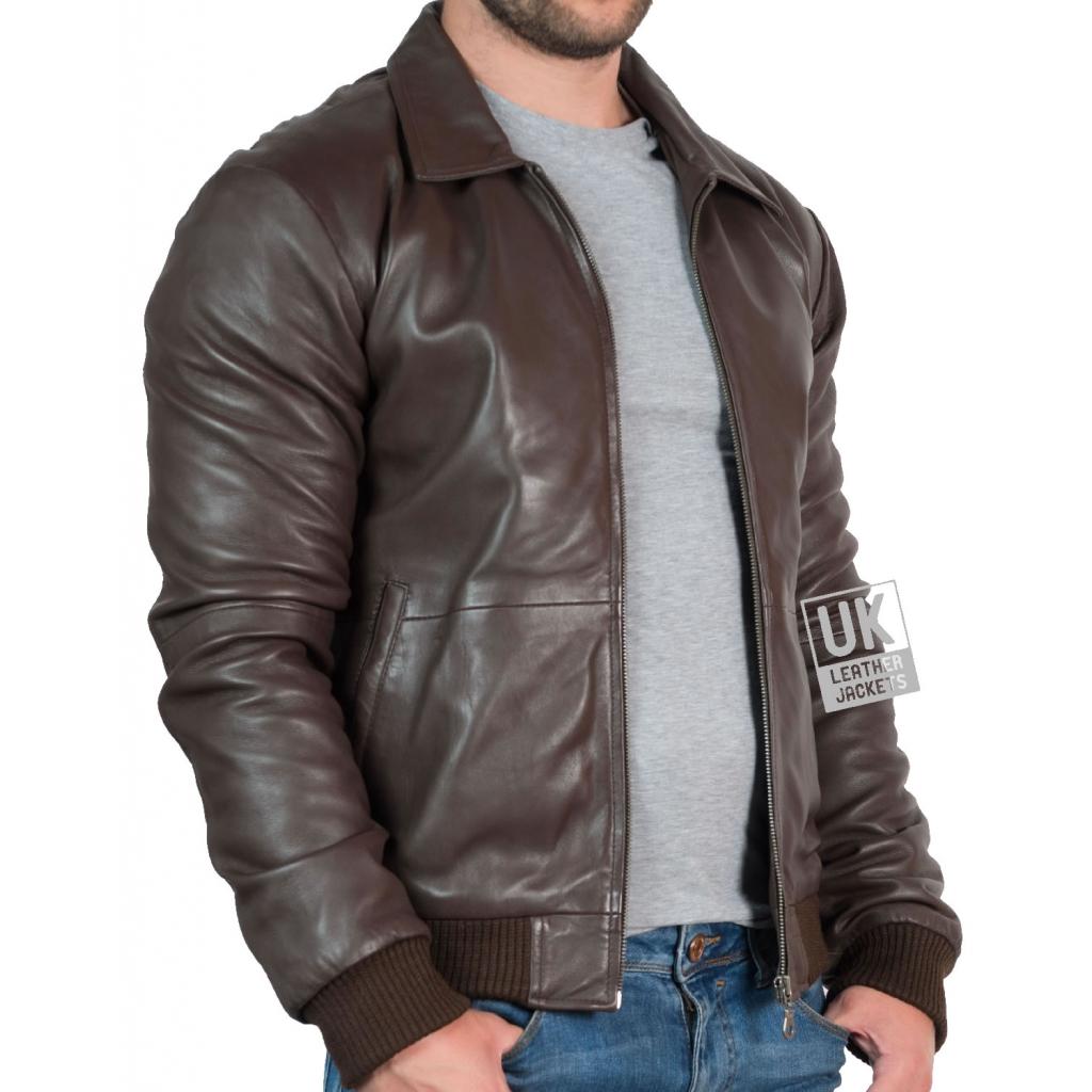 Mens Brown Leather Bomber Jacket -Bristol -UK Warehouse