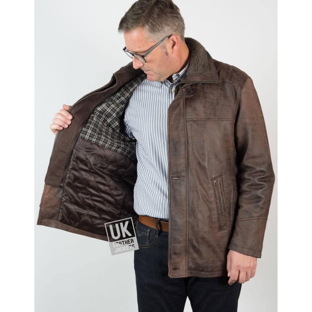 Mens Brown Nubuck Leather Coat --Detach Fleece Collar