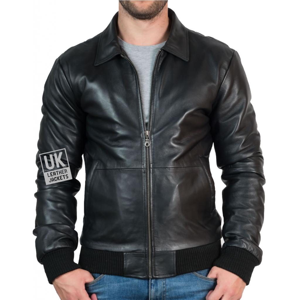 Mens Black Leather Bomber Jacket - Bristol | UK Leather Jackets