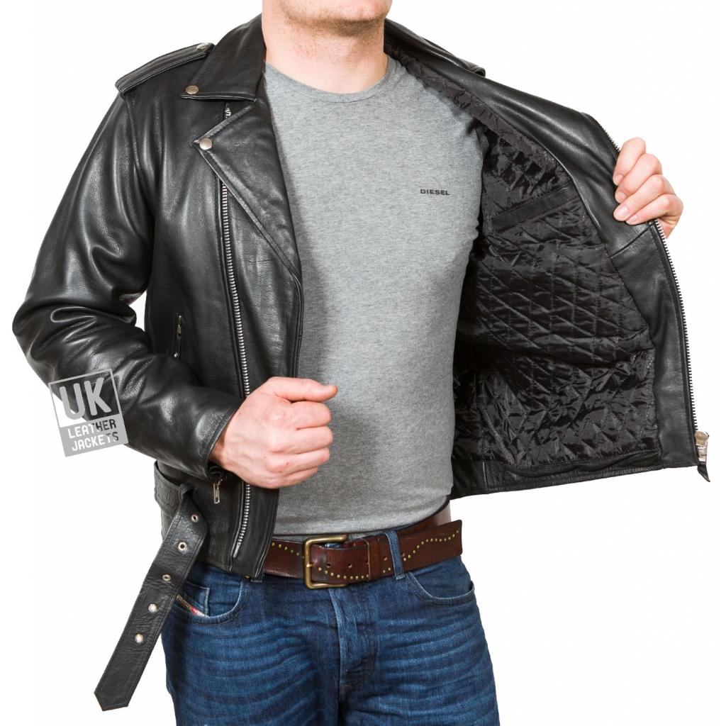 Mens Cross Zip Belted Black Leather Biker Jacket - Brando - Superior ...