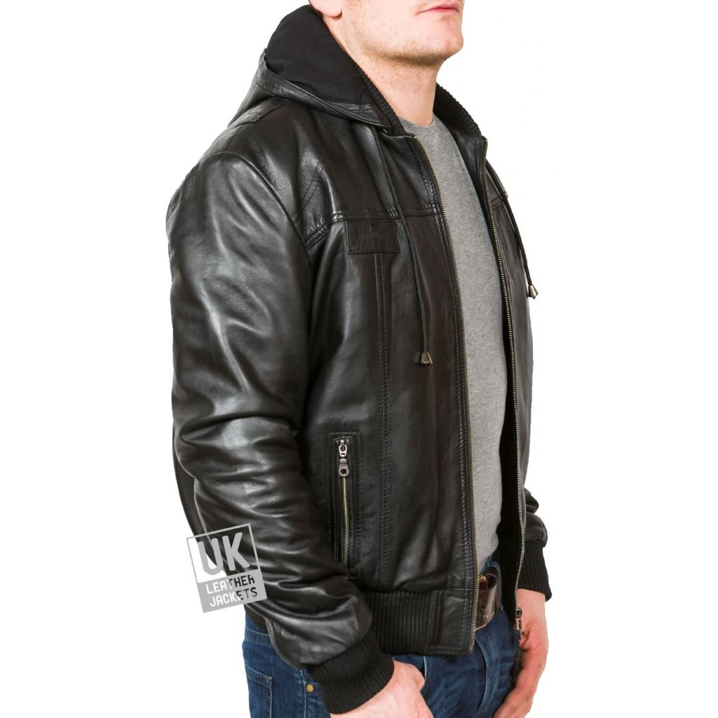 Mens Black Hooded Leather Bomber Jacket - Troy - Detachable Hood | Free ...