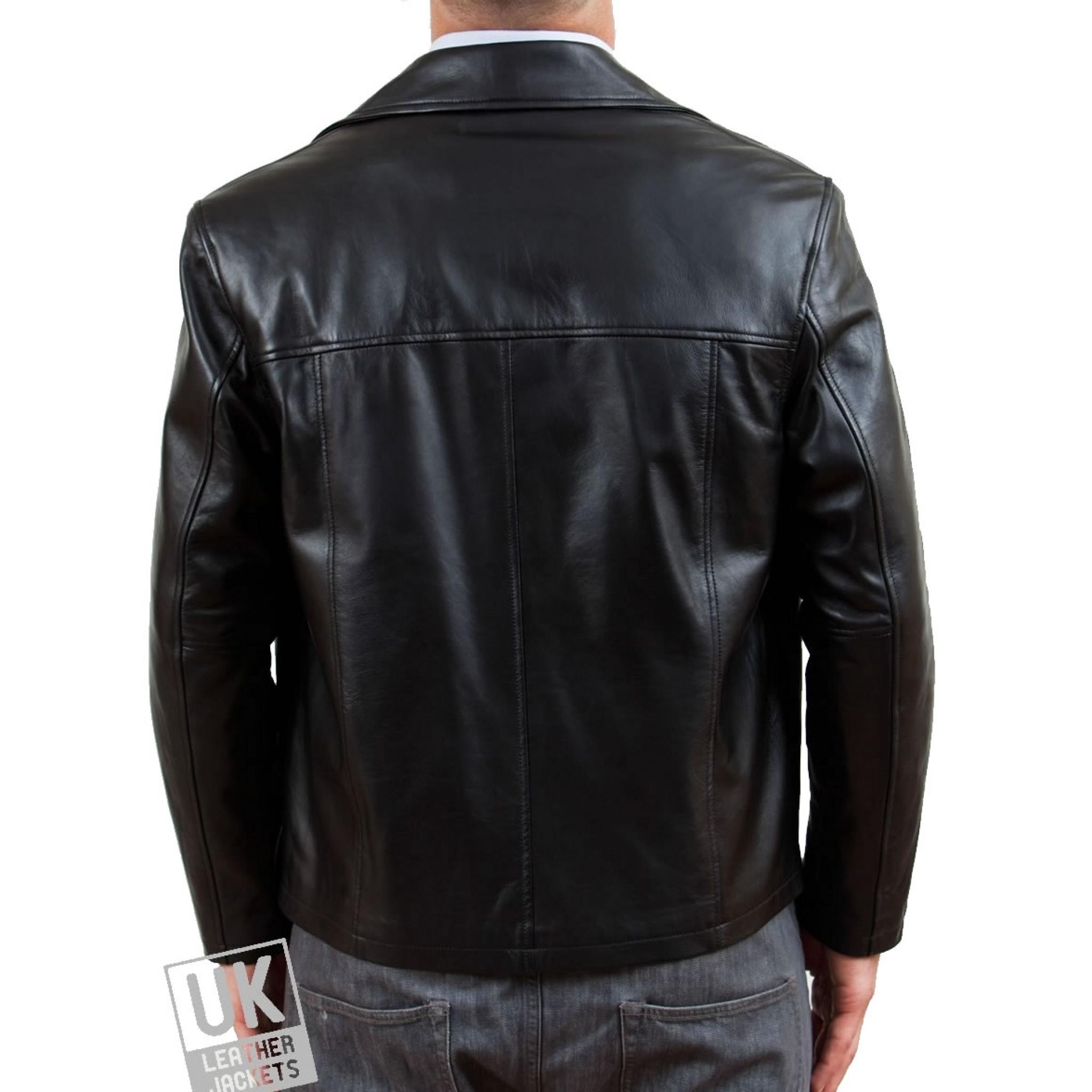 Mens Black Leather Jacket - Classic Harrington