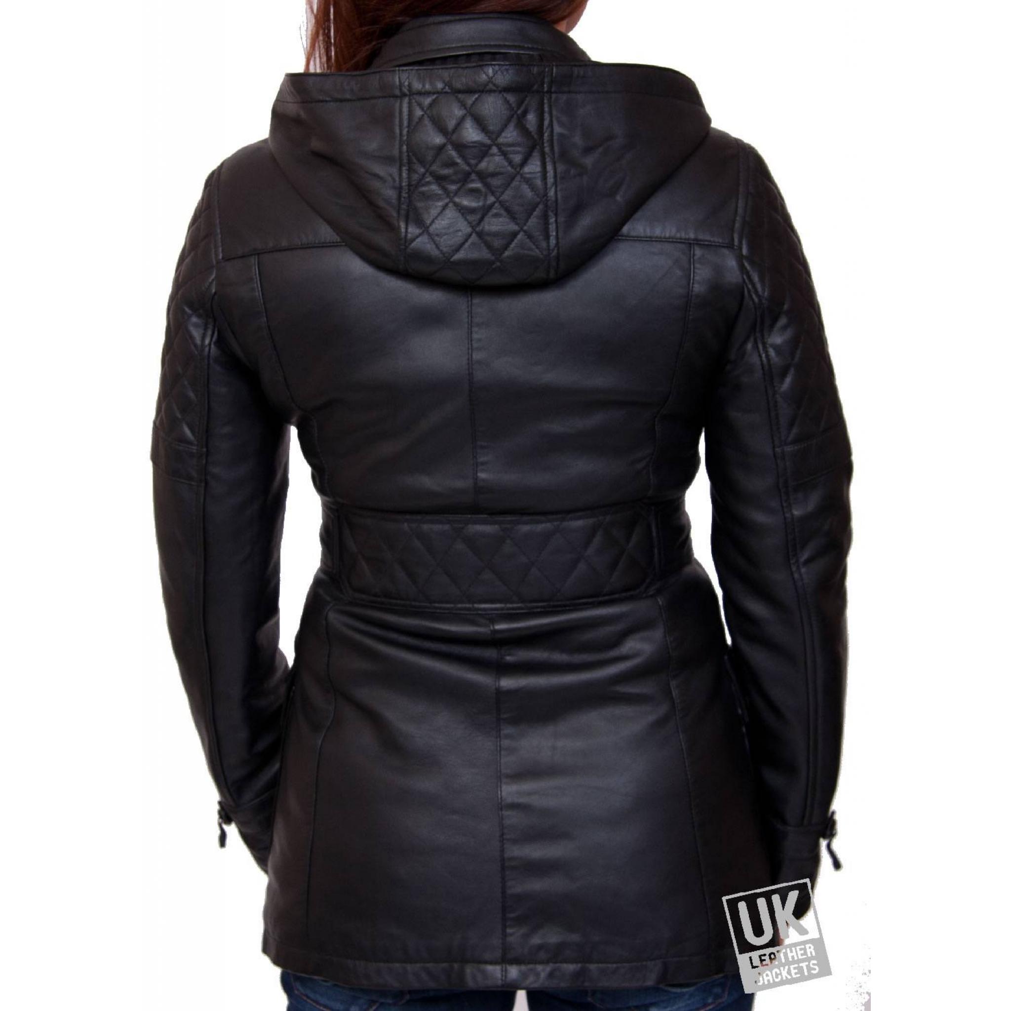 Womens Black Leather Hip Length Jacket - Detach Hood - Eclipse | UK ...