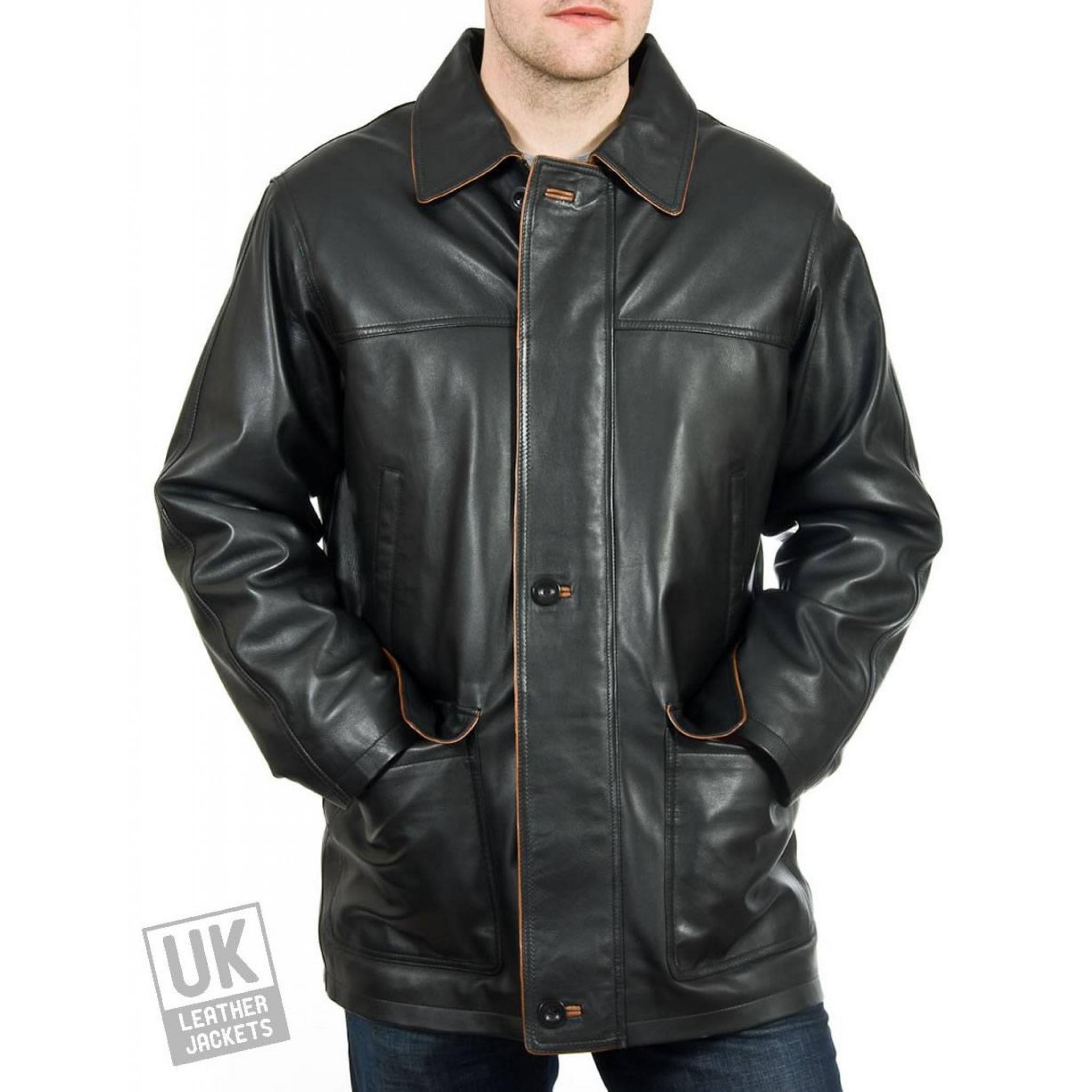 Men's Black Leather Coat Jacket - Hip Length - Hamilton | Free UK Delivery
