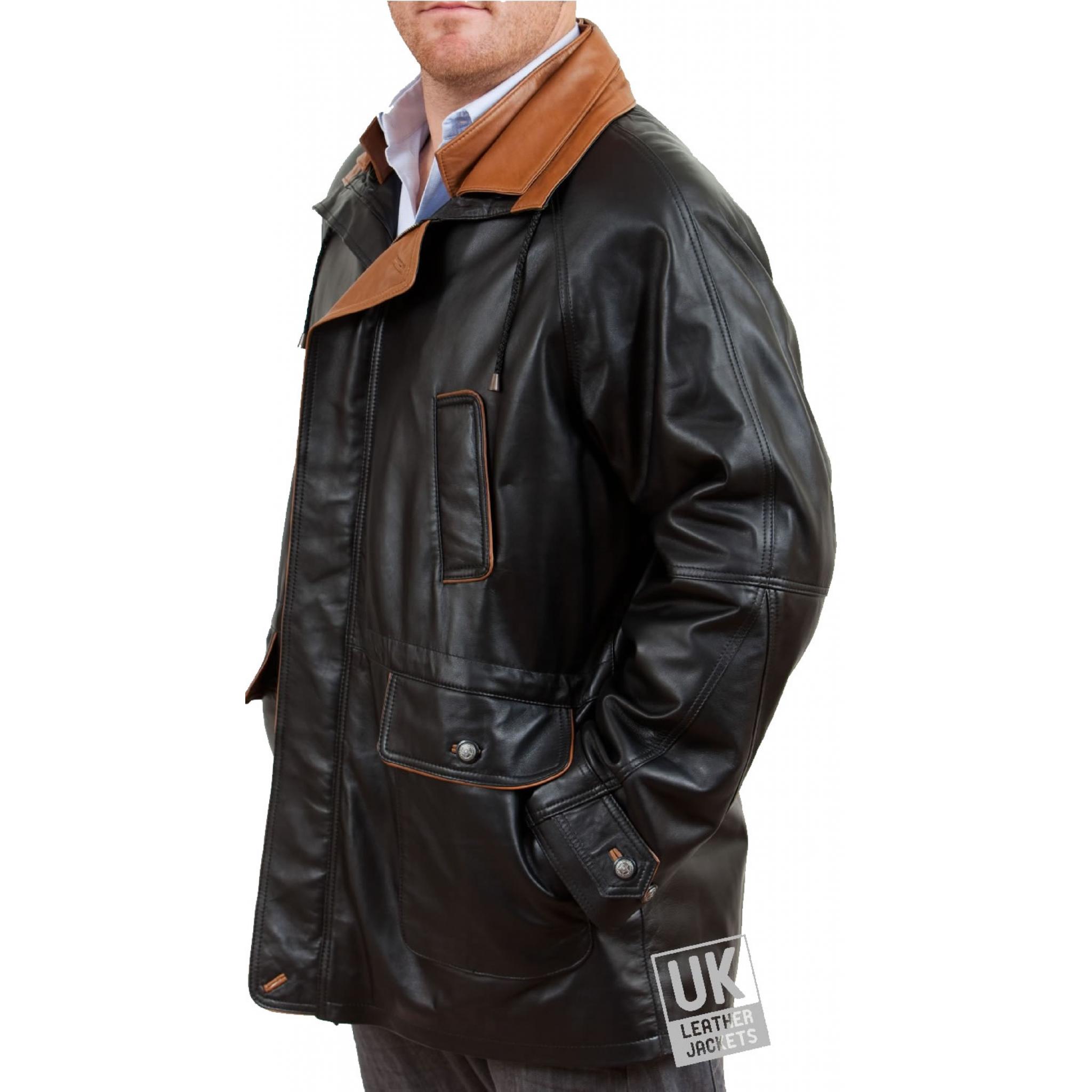 Mens Black Contrast Leather Parka Coat - Huxley | UK Leather Jackets