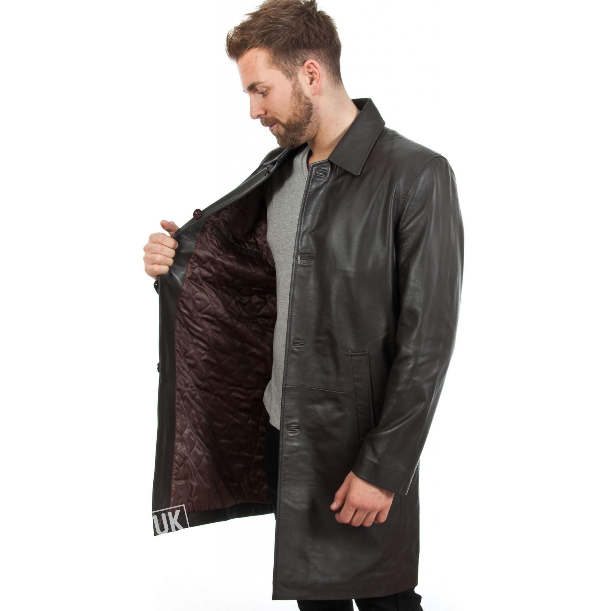 Mens Knee Length Brown Leather Coat - Saint