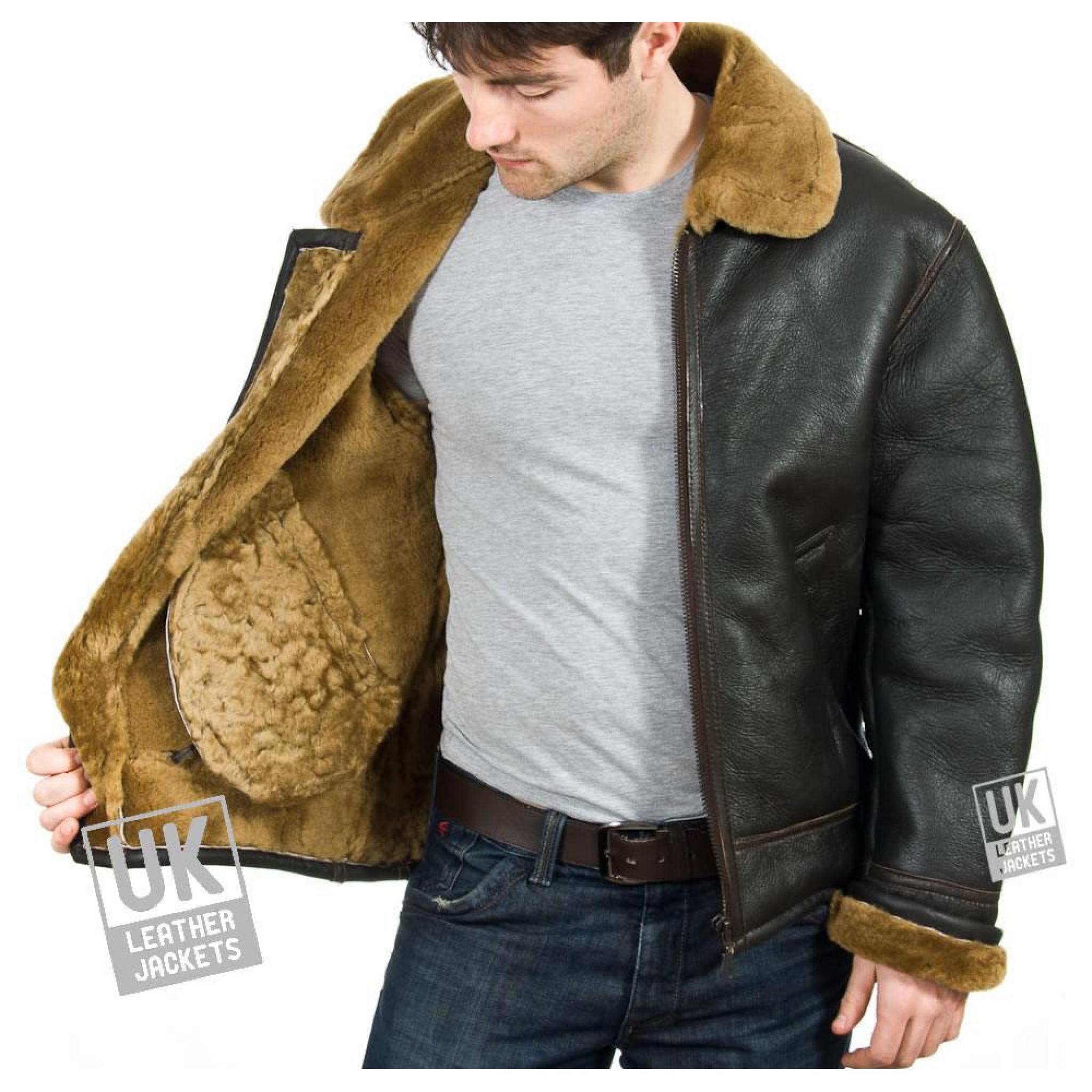 Mens Shearling Sheepskin Flying Jacket - Brown Wool - Atlas