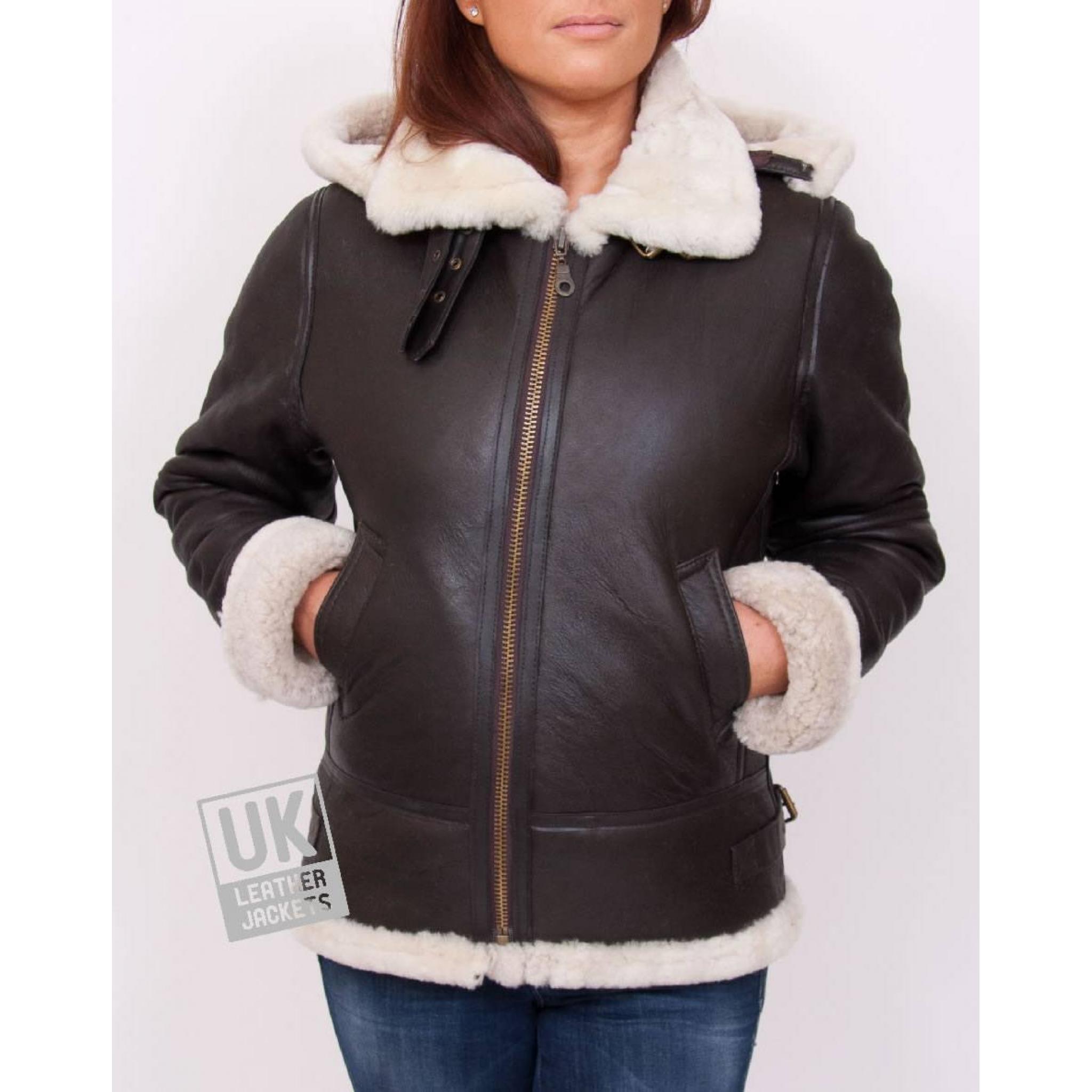 Womens Sheepskin Flying Jacket - Detach Hood - Cream