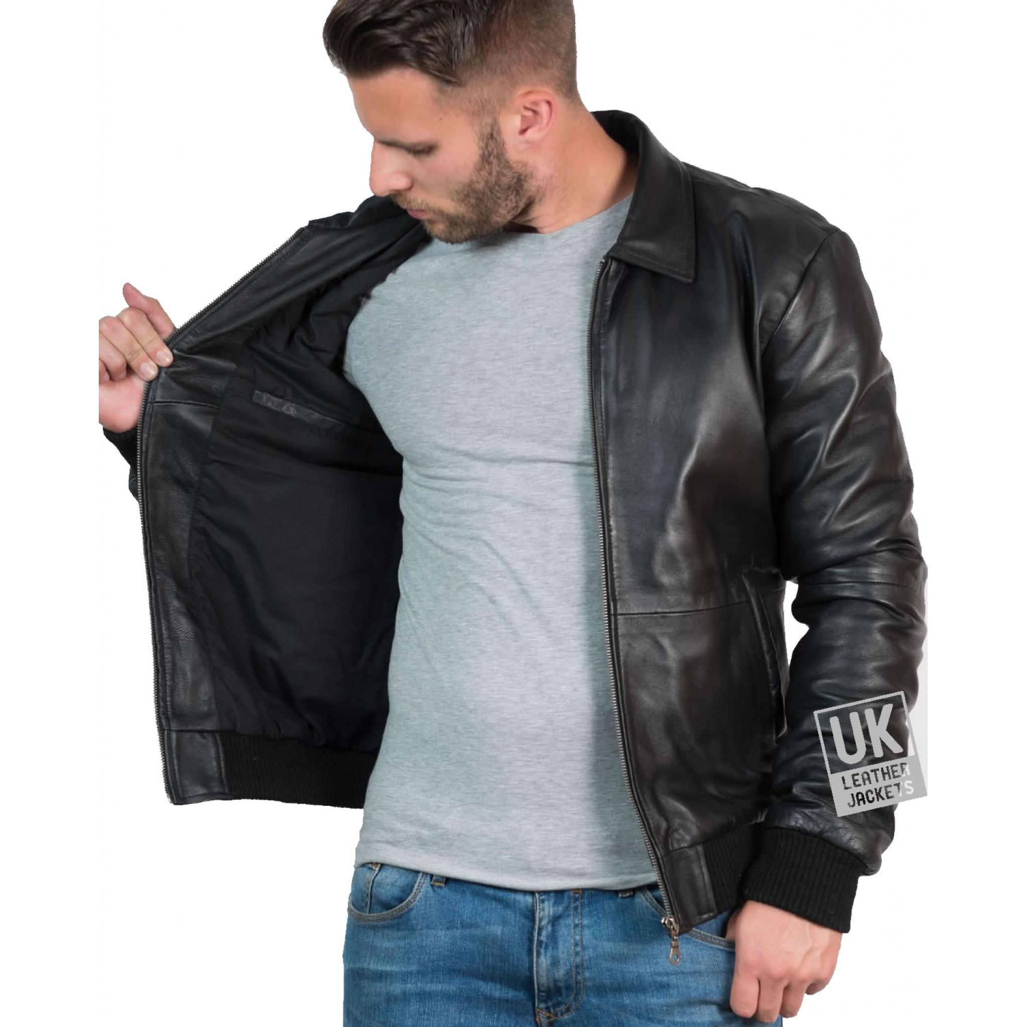 Mens Black Leather Bomber Jacket - Bristol | UK Leather Jackets