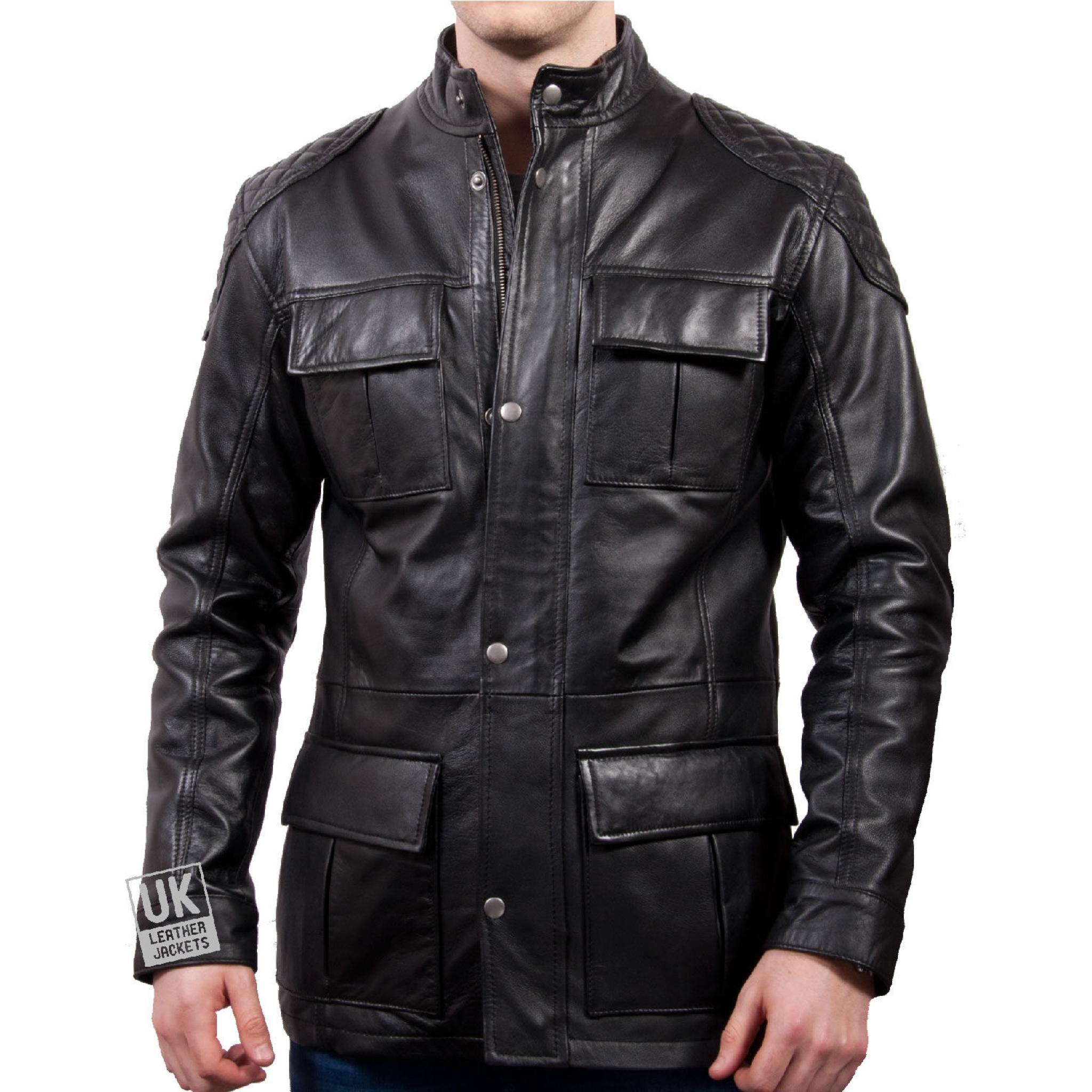 Mens Black Leather Vintage Racing Jacket - Storm