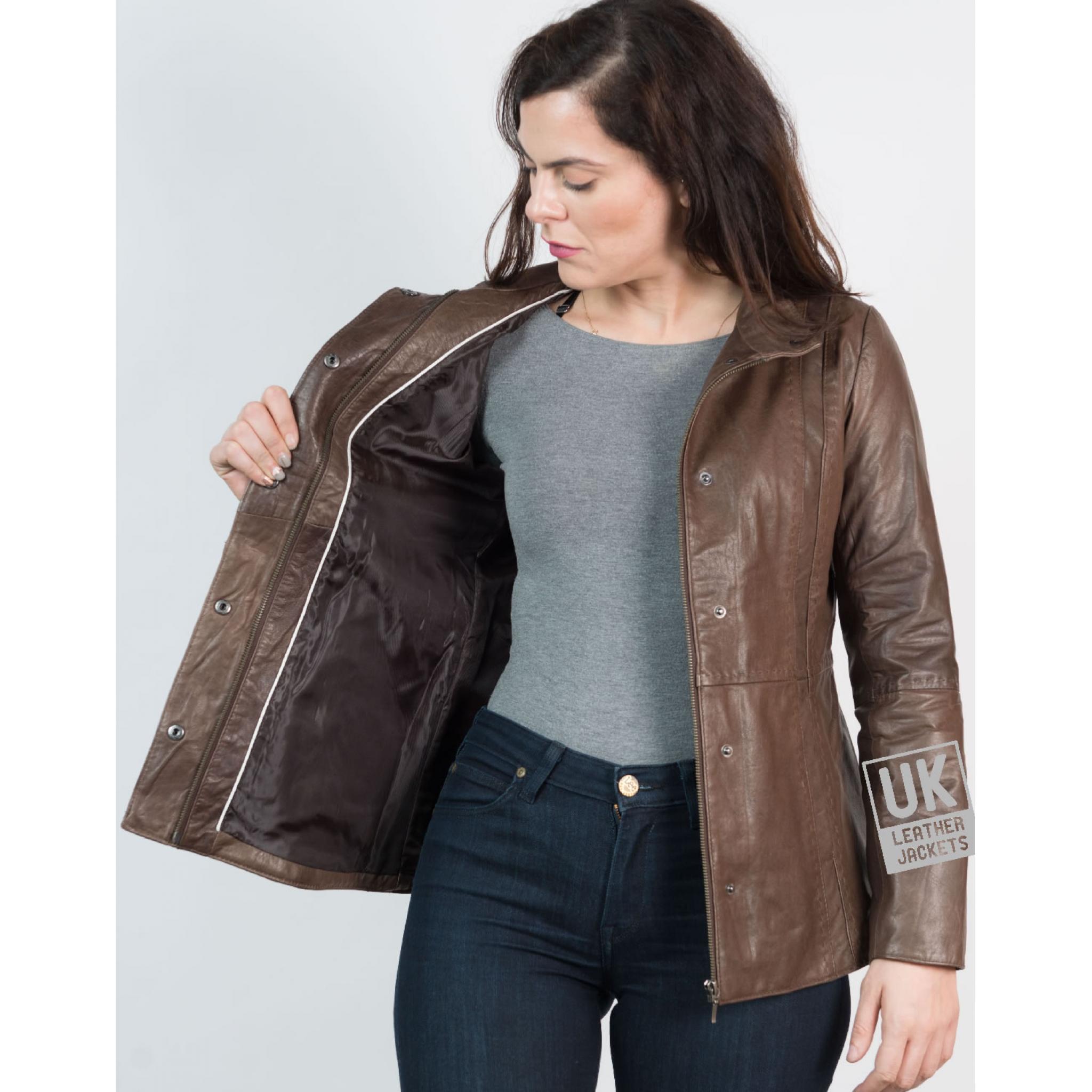 Womens Hip Length Zip Leather Jacket - Brown - Eva | Free UK Delivery