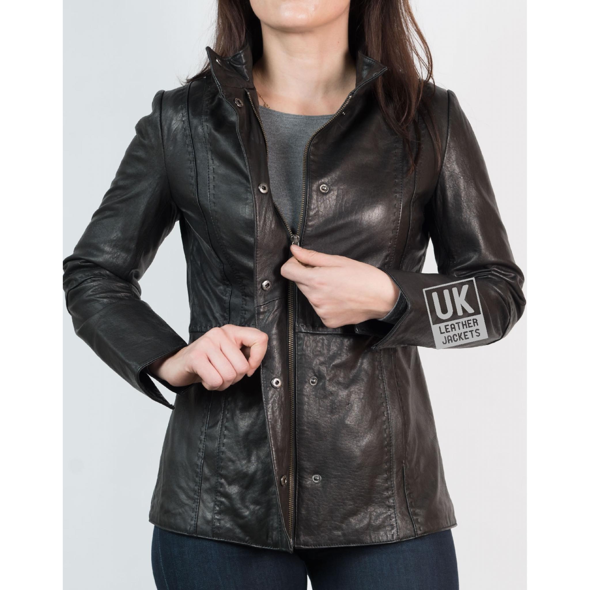 Womens Hip Length Zip Leather Jacket - Black - Eva | Free UK Delivery