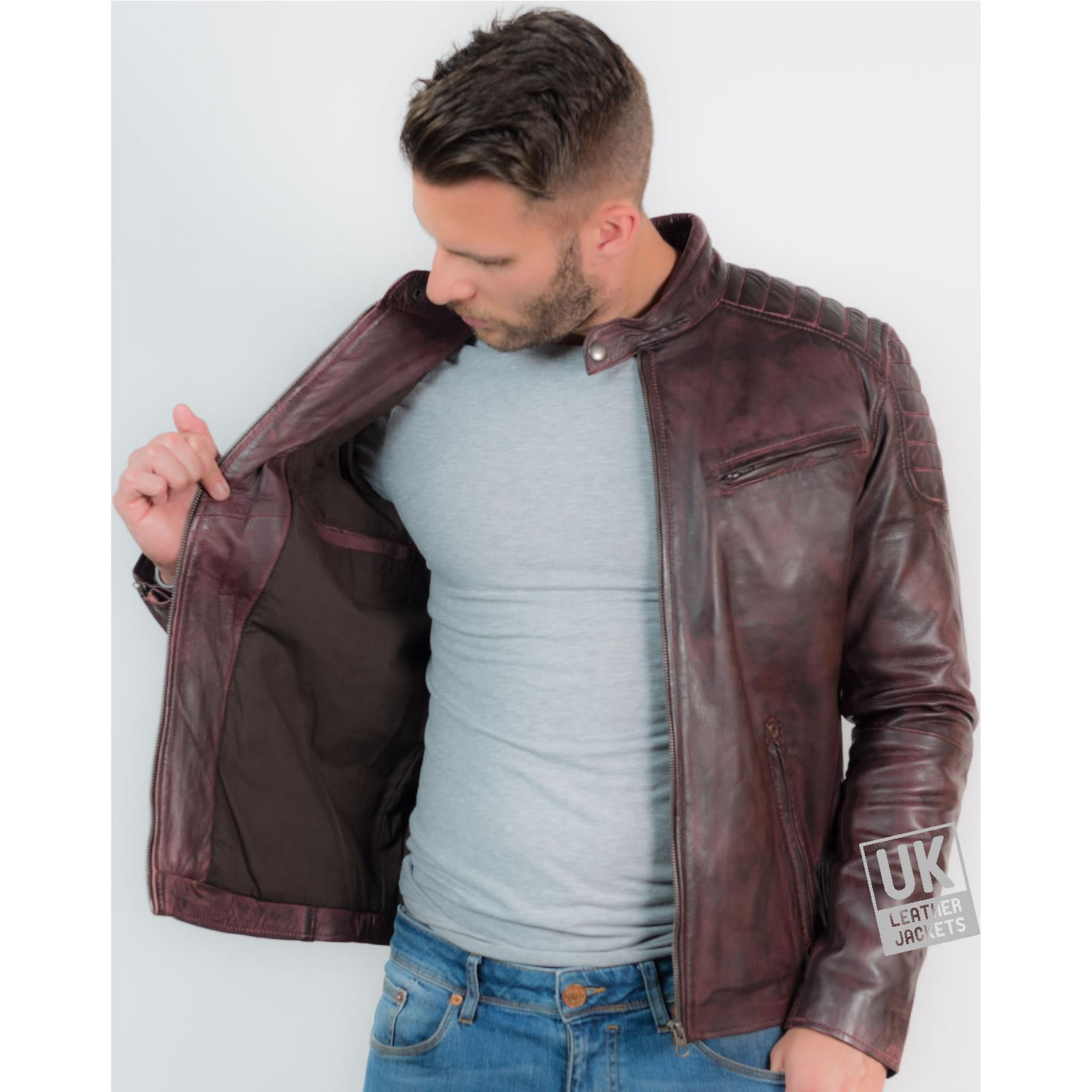 Mens Leather Biker Jacket - Zurich - Vintage Bordeaux | UK Leather Jackets