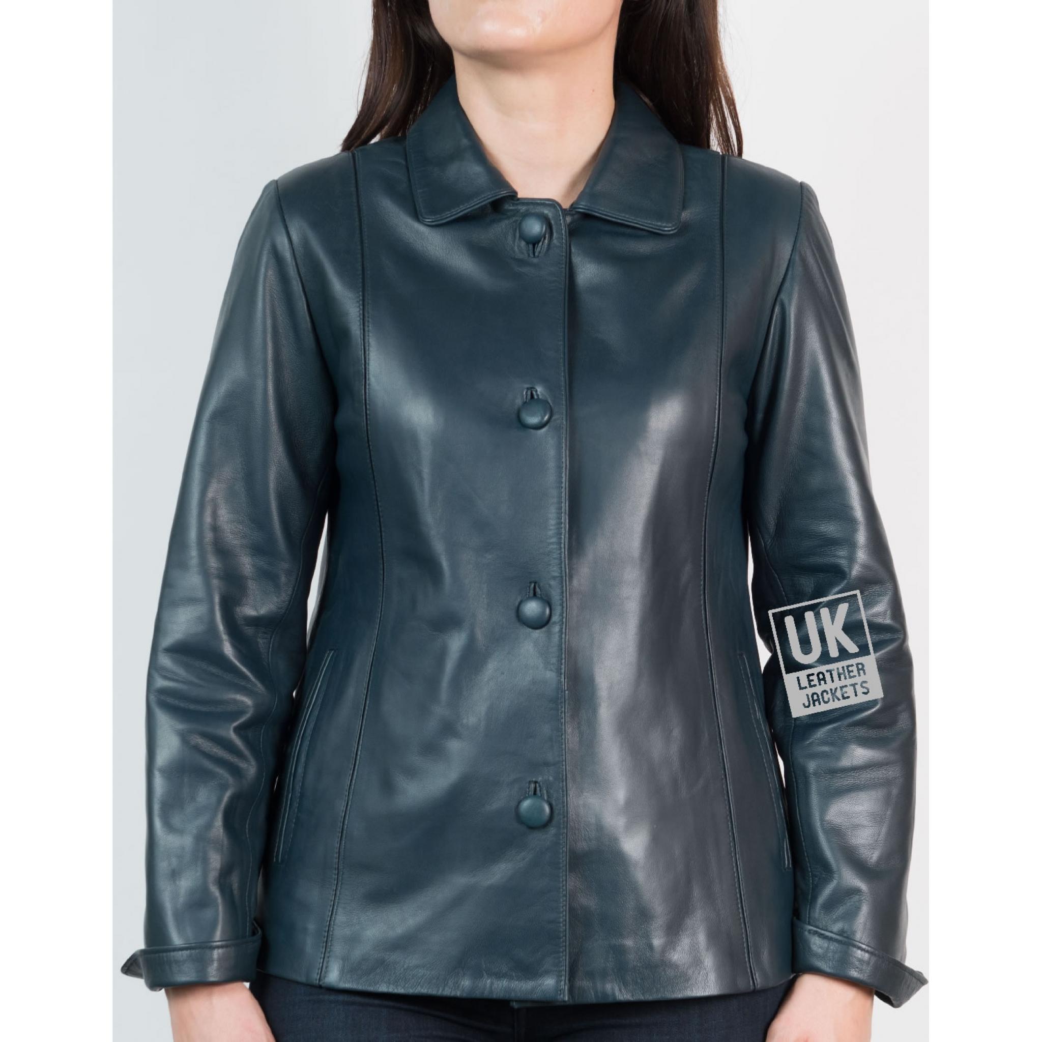 Ladies Blue Leather Jacket - Ariel | Free UK Delivery