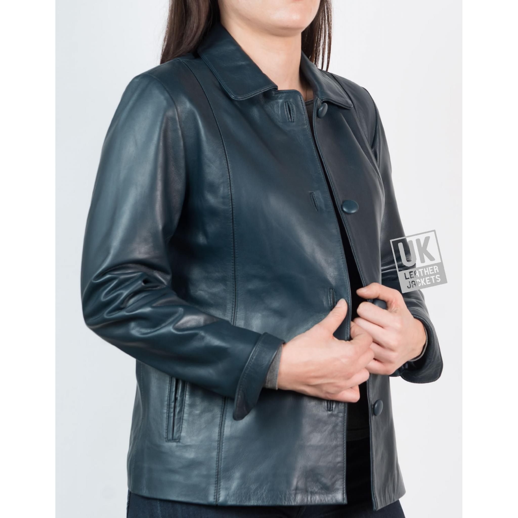 Ladies Blue Leather Jacket - Ariel | Free UK Delivery