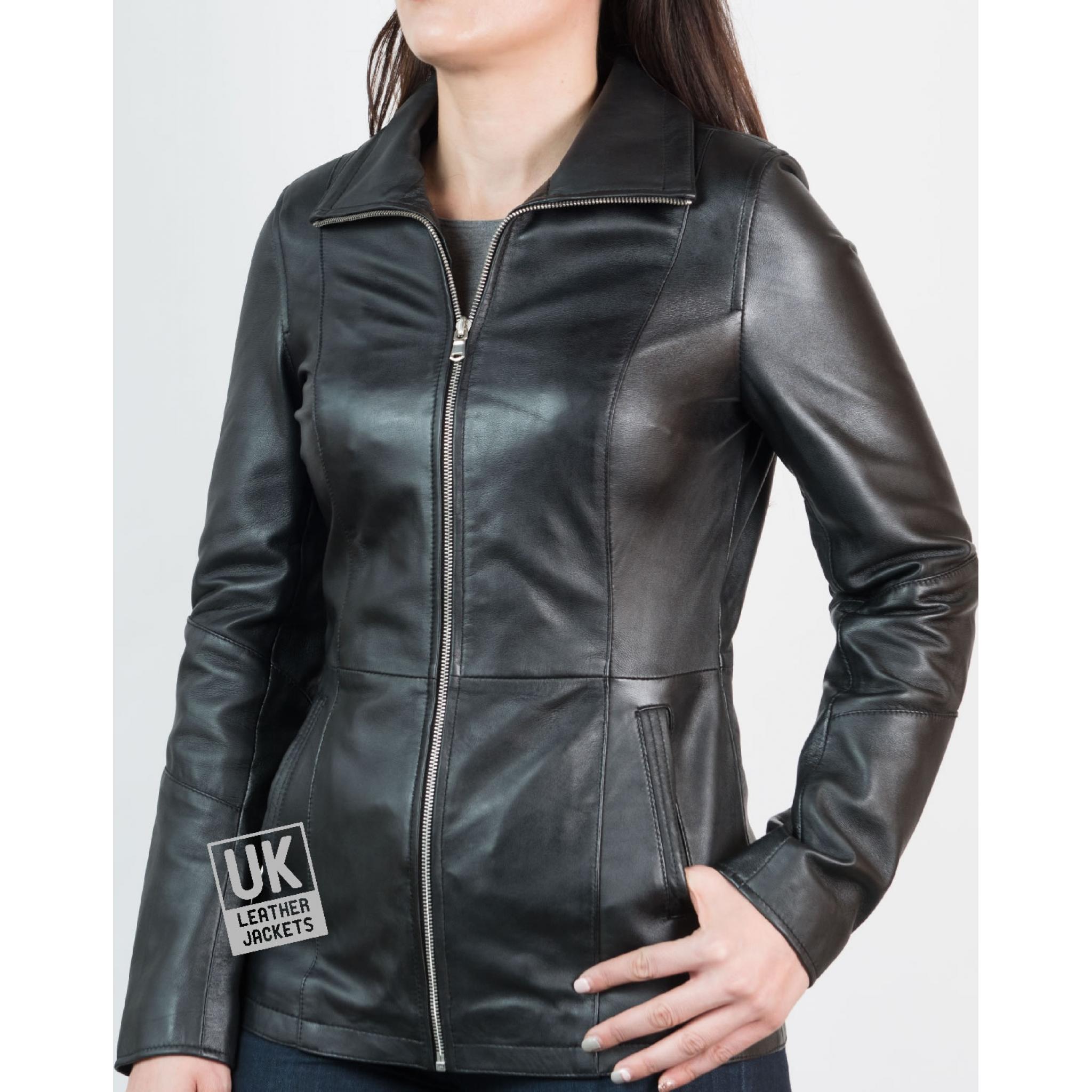 Womens Black Leather Jacket - Amelia - Hip Length | Free UK Delivery
