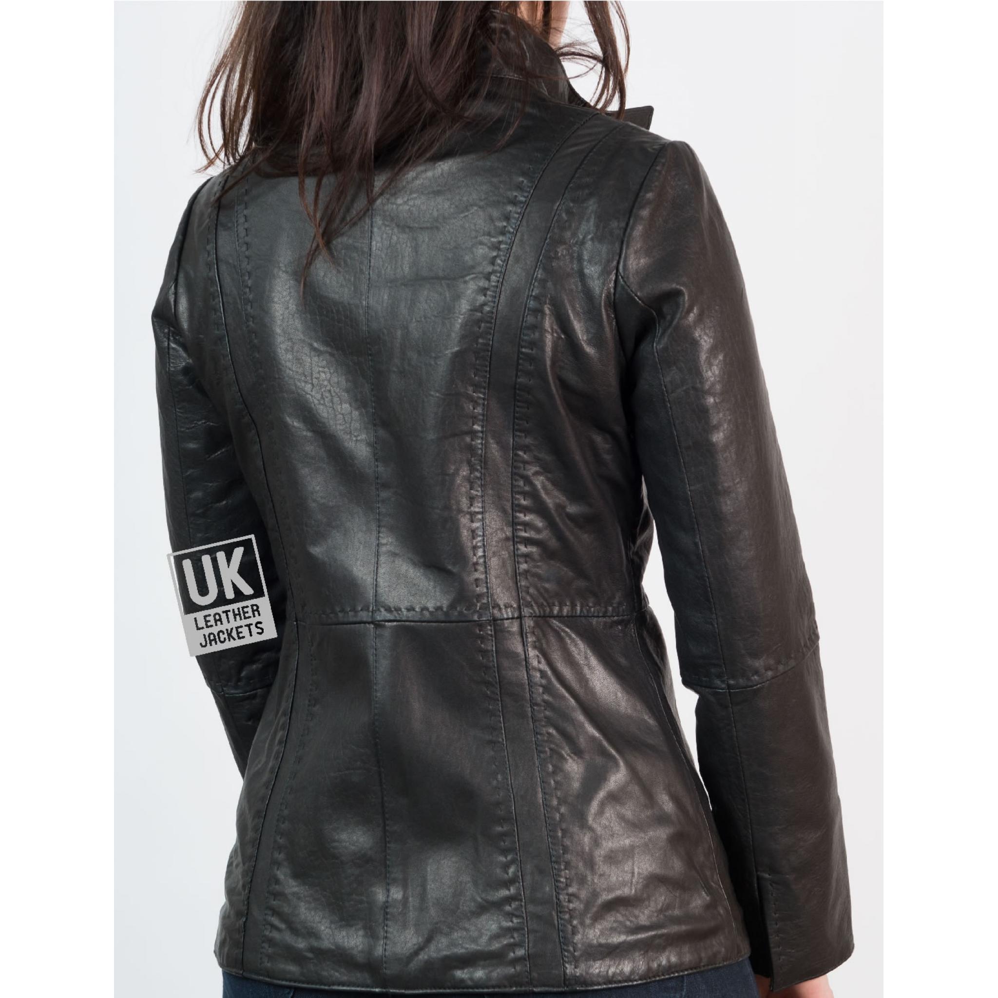 Womens Hip Length Zip Leather Jacket - Black - Eva | Free UK Delivery