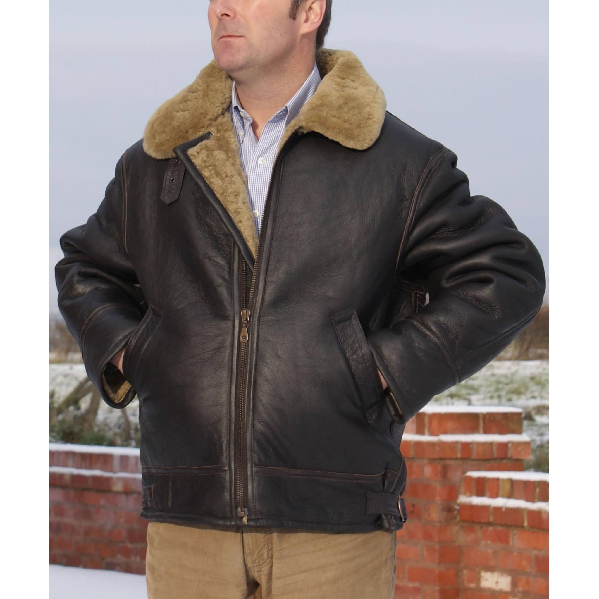 Mens Shearling Sheepskin Flying Jacket - Brown Wool - Atlas