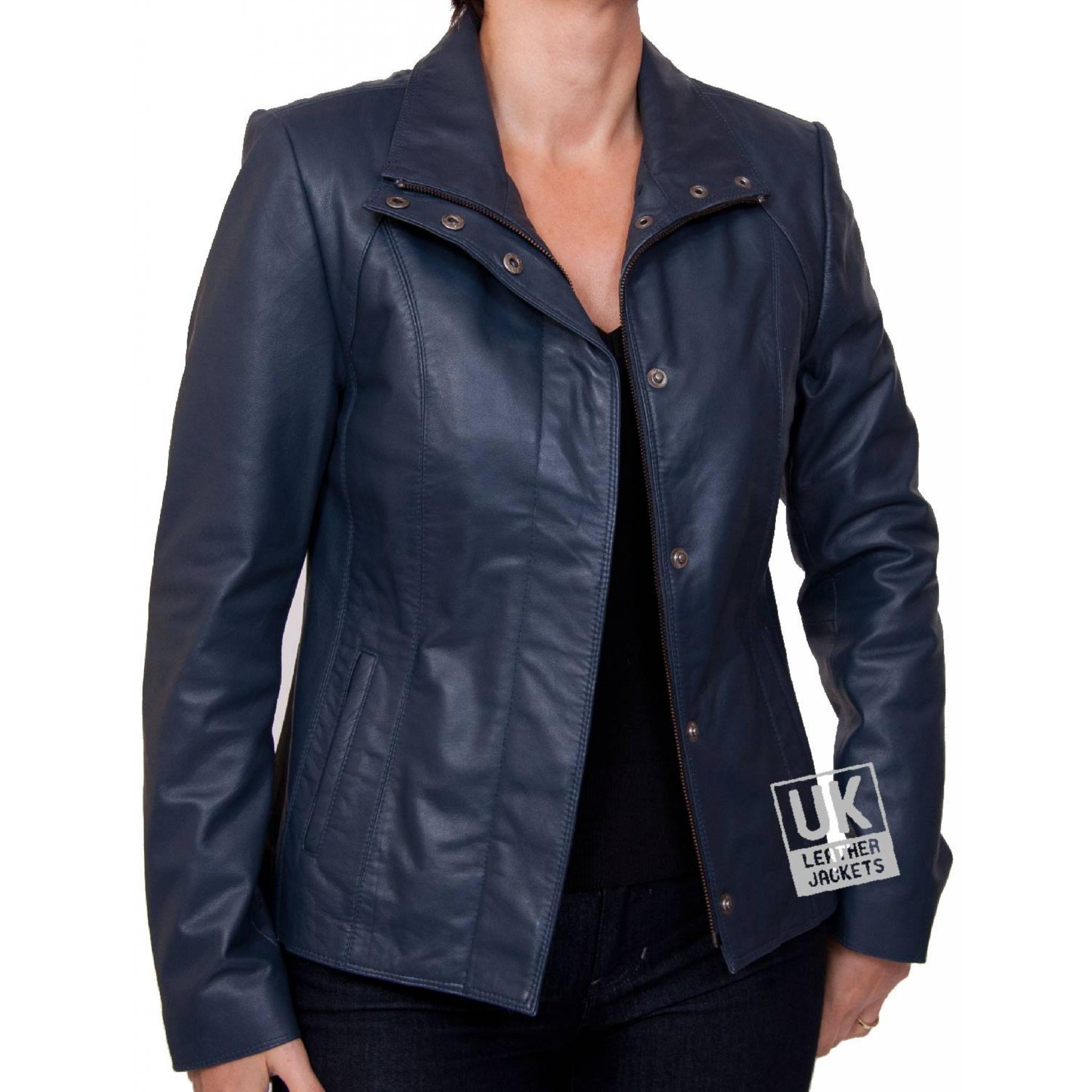 Ladies Blue Leather Jacket -Sapphire | Free UK Delivery