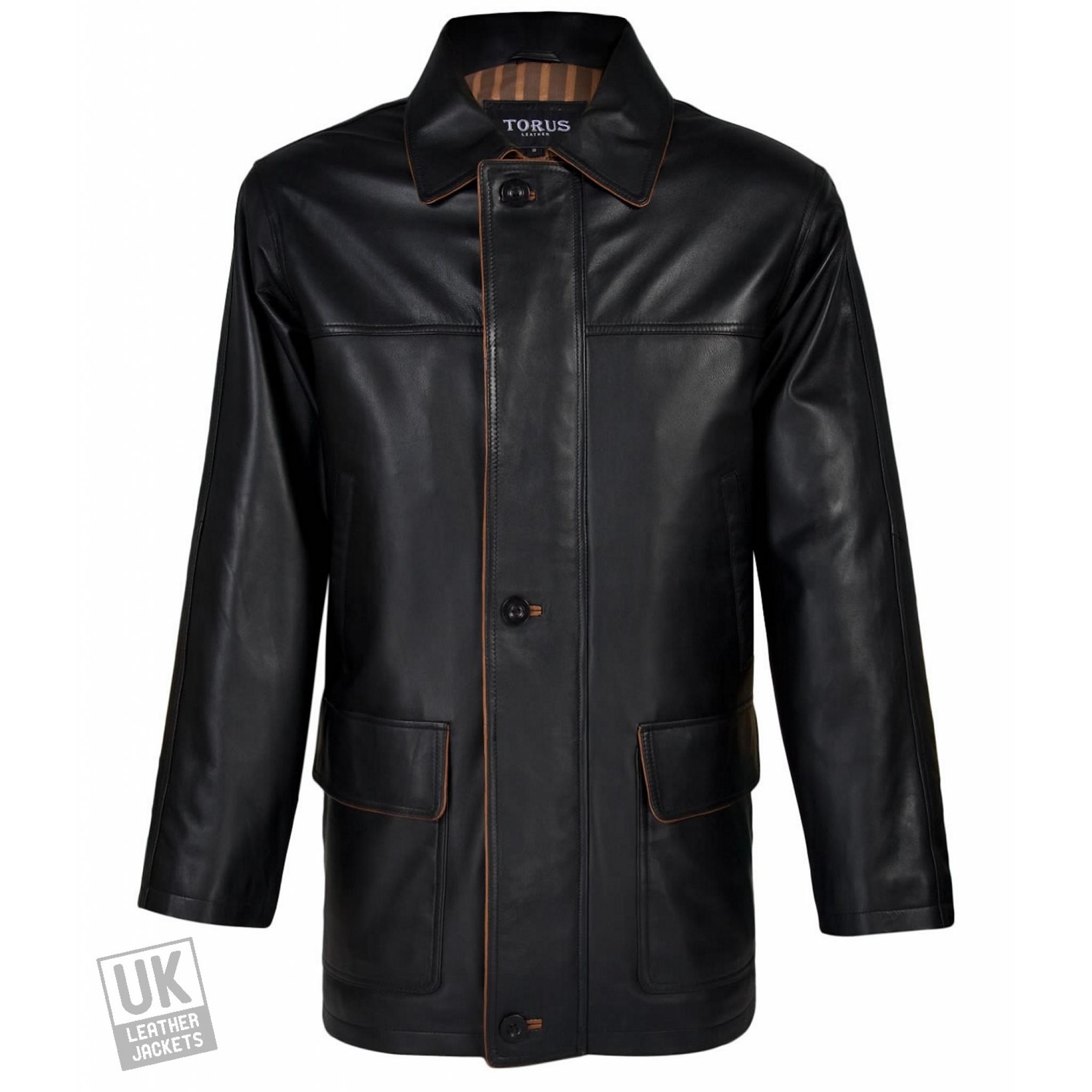 Men's Black Leather Coat Jacket - Hip Length - Hamilton | Free UK Delivery