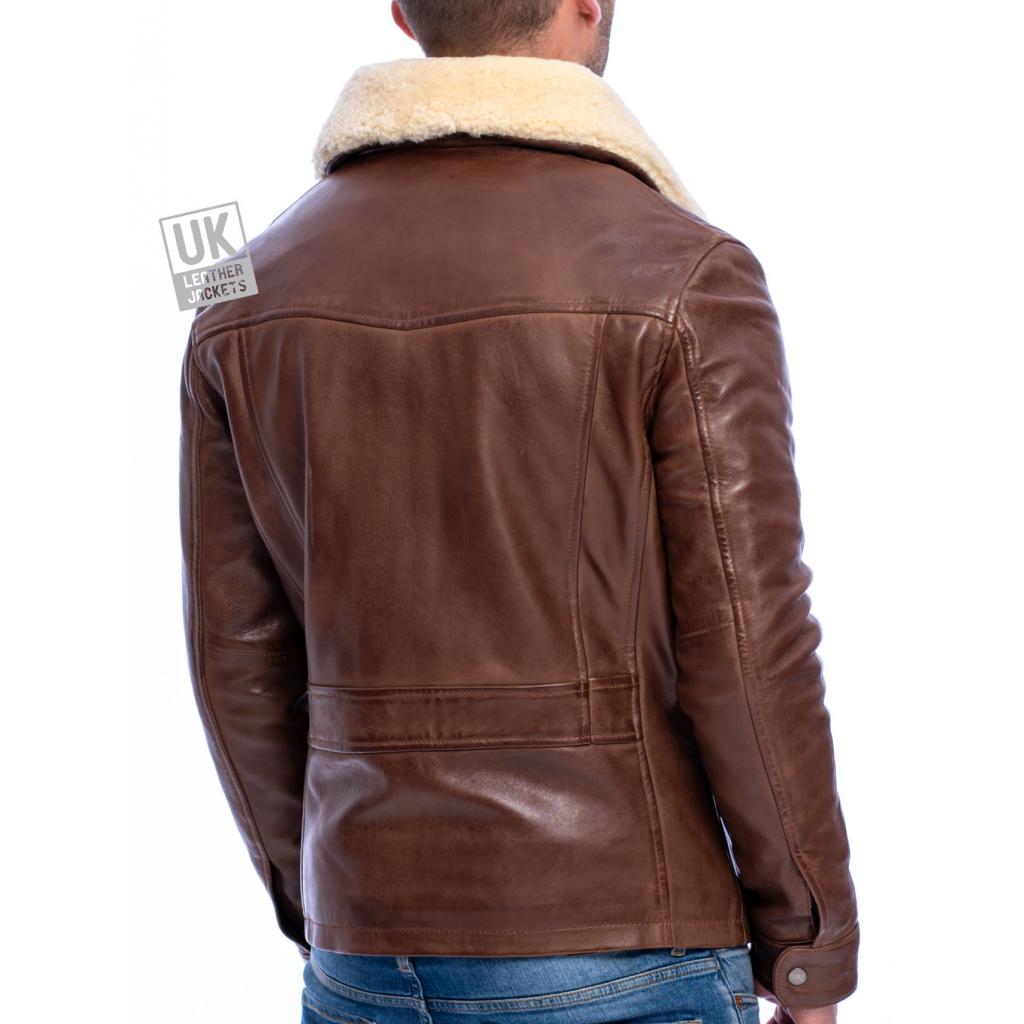 Mens Chestnut Brown Leather Jacket - Additional Wool Collar | Free UK ...