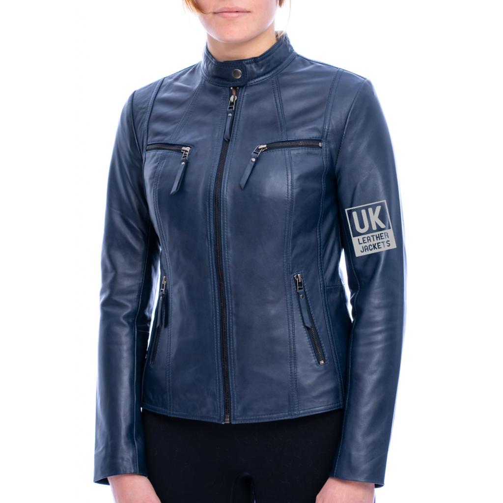 Womens Blue Leather Jacket - Leone