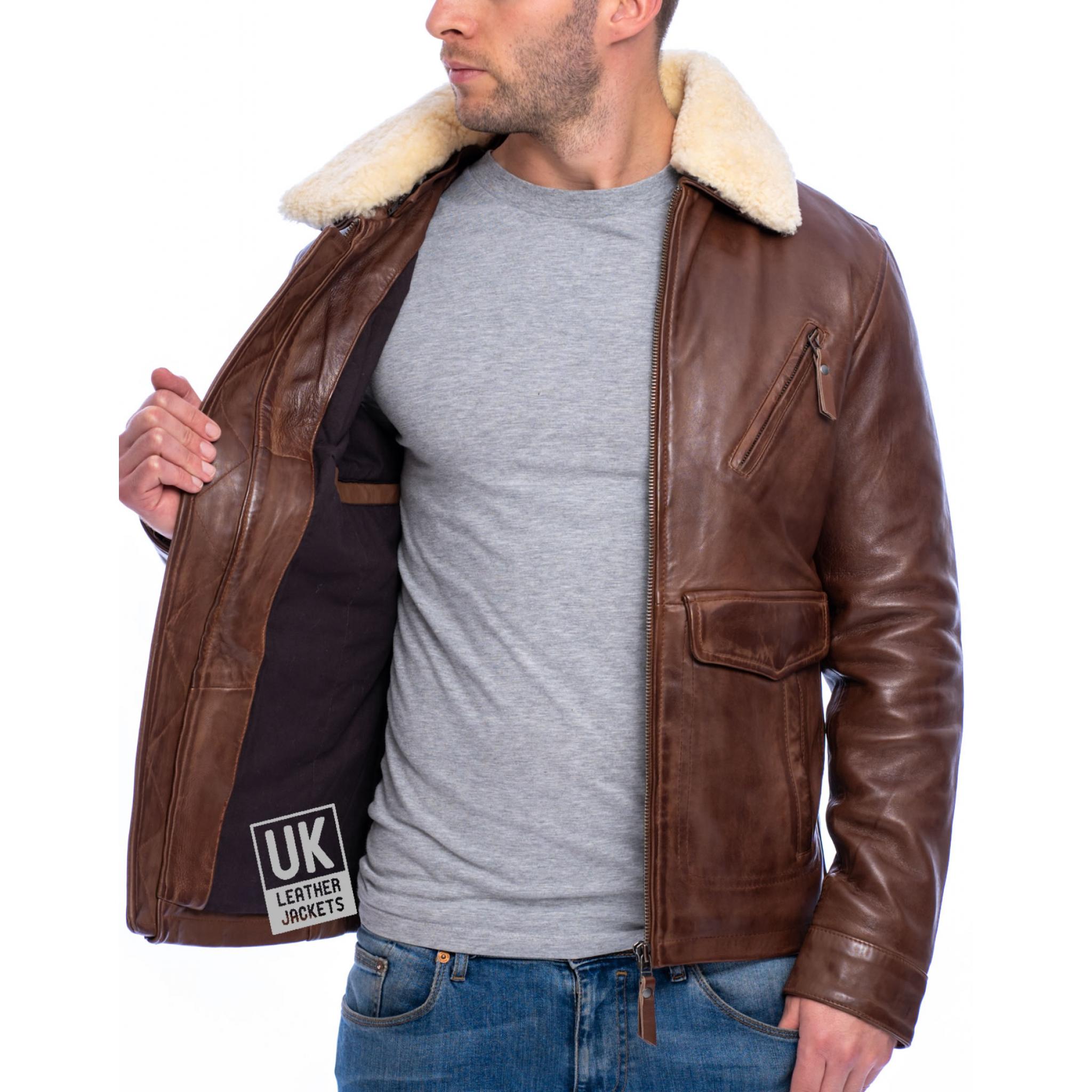 Mens Chestnut Brown Leather Jacket - Additional Wool Collar | Free UK ...