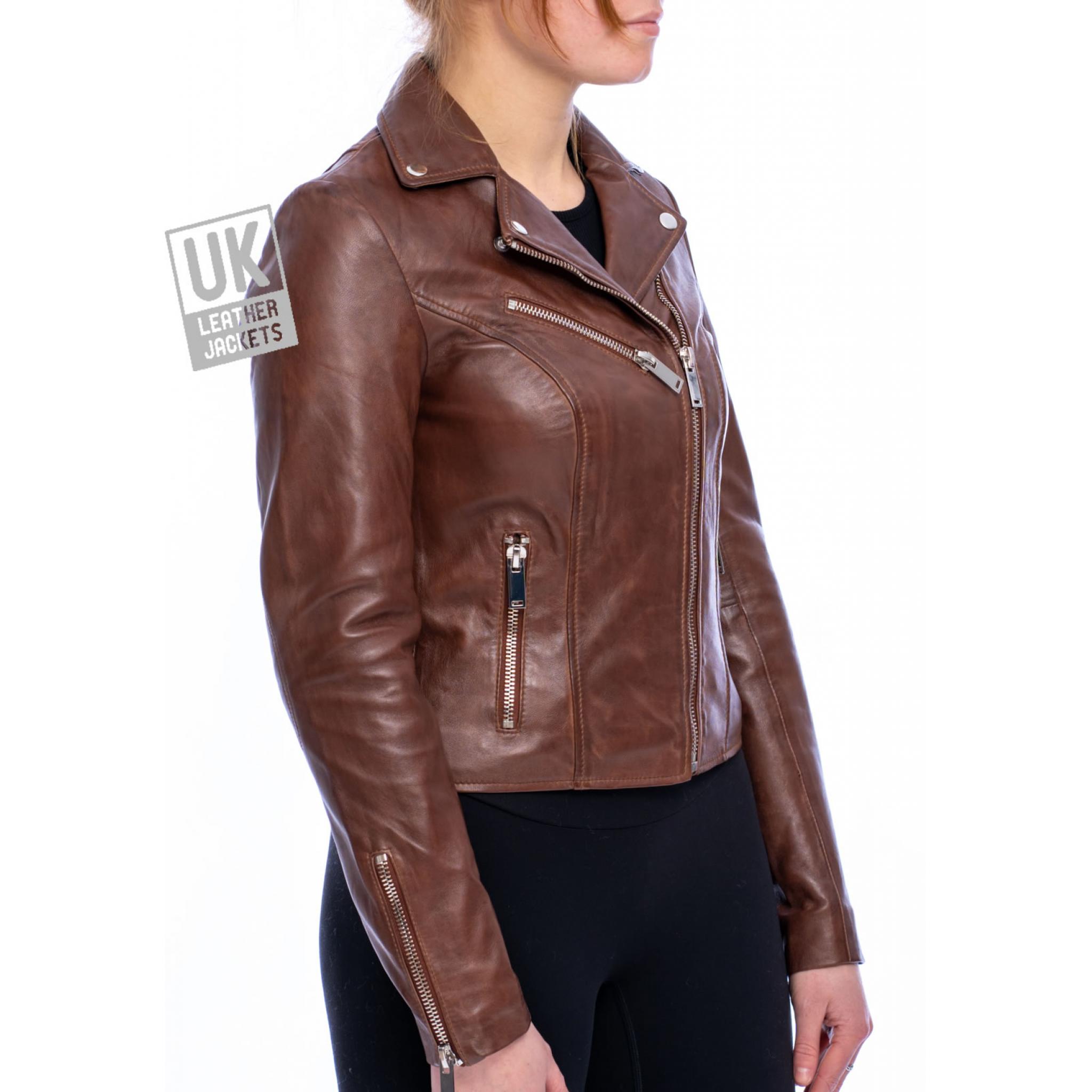 Womens Dark Tan Leather Biker Jacket - Eden | UK Leather Jackets