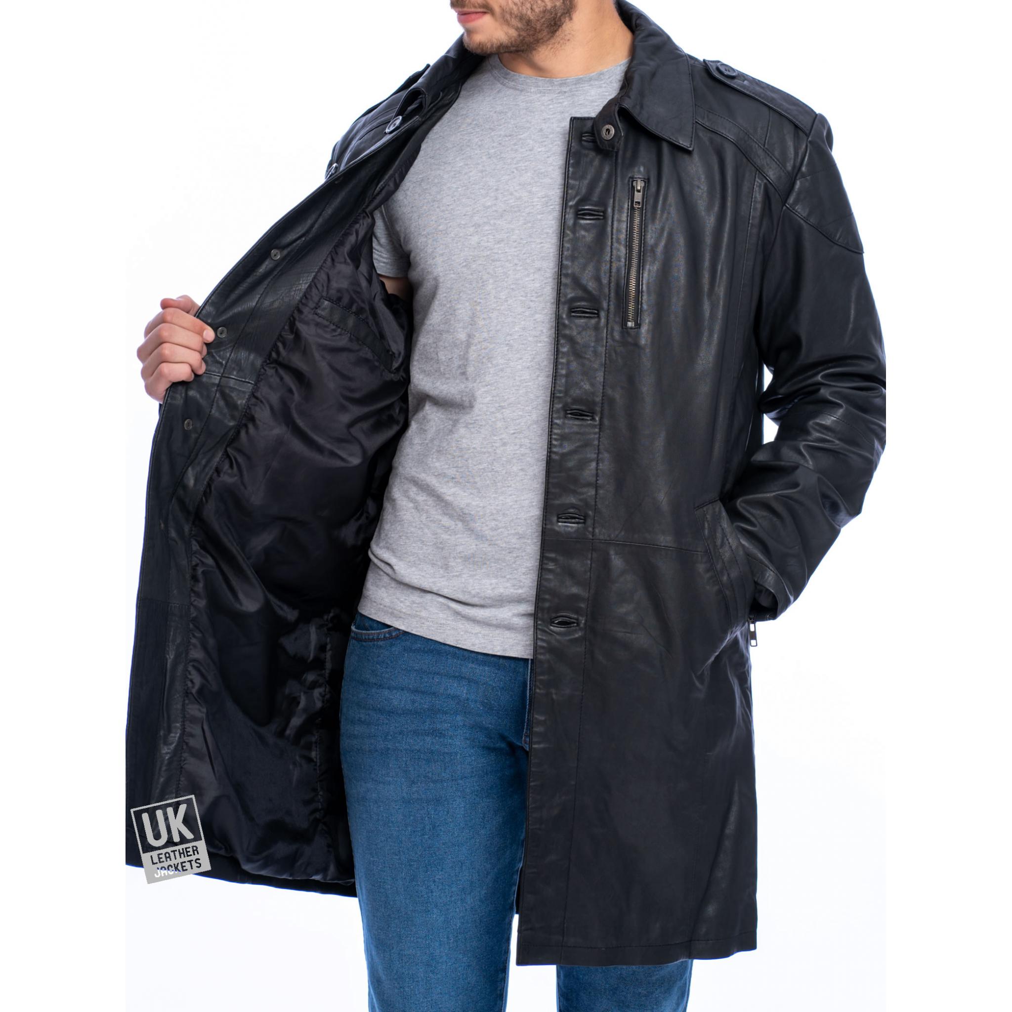 Mens Black Leather Trench Coat - Rear Vent