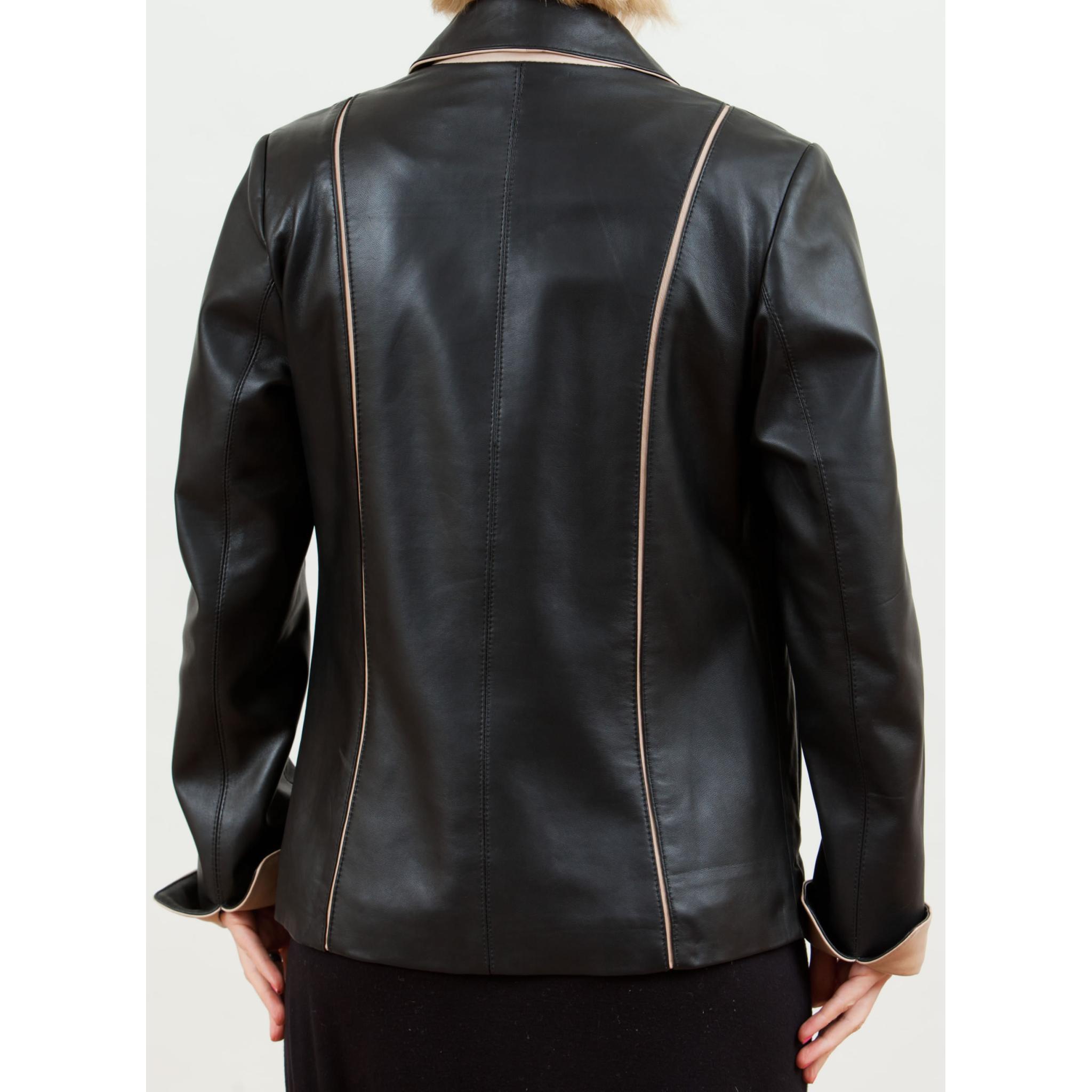 Ladies Black with Ivory Trim Leather Jacket - Ariel