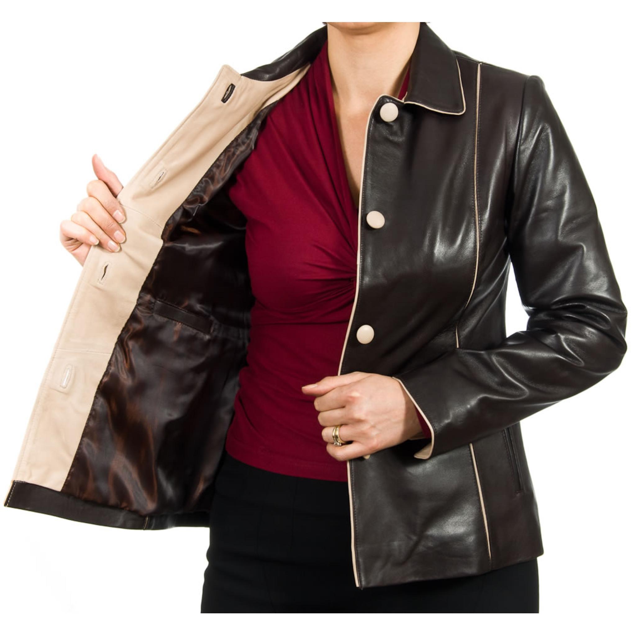 Ladies Black with Ivory Trim Leather Jacket - Ariel