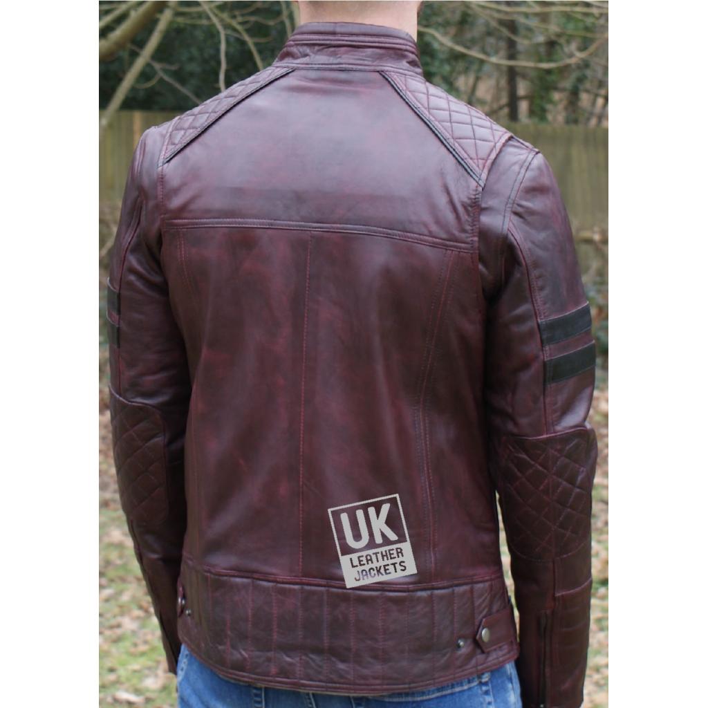 Mens Burgundy Leather Jacket - Quilted Diamond X Stitch