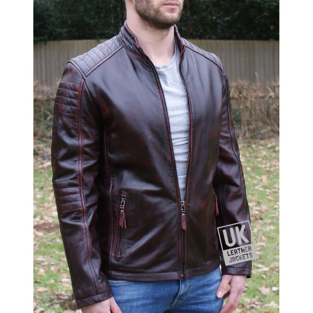 Mens Burgundy Leather Biker Jacket - Apex - Superior