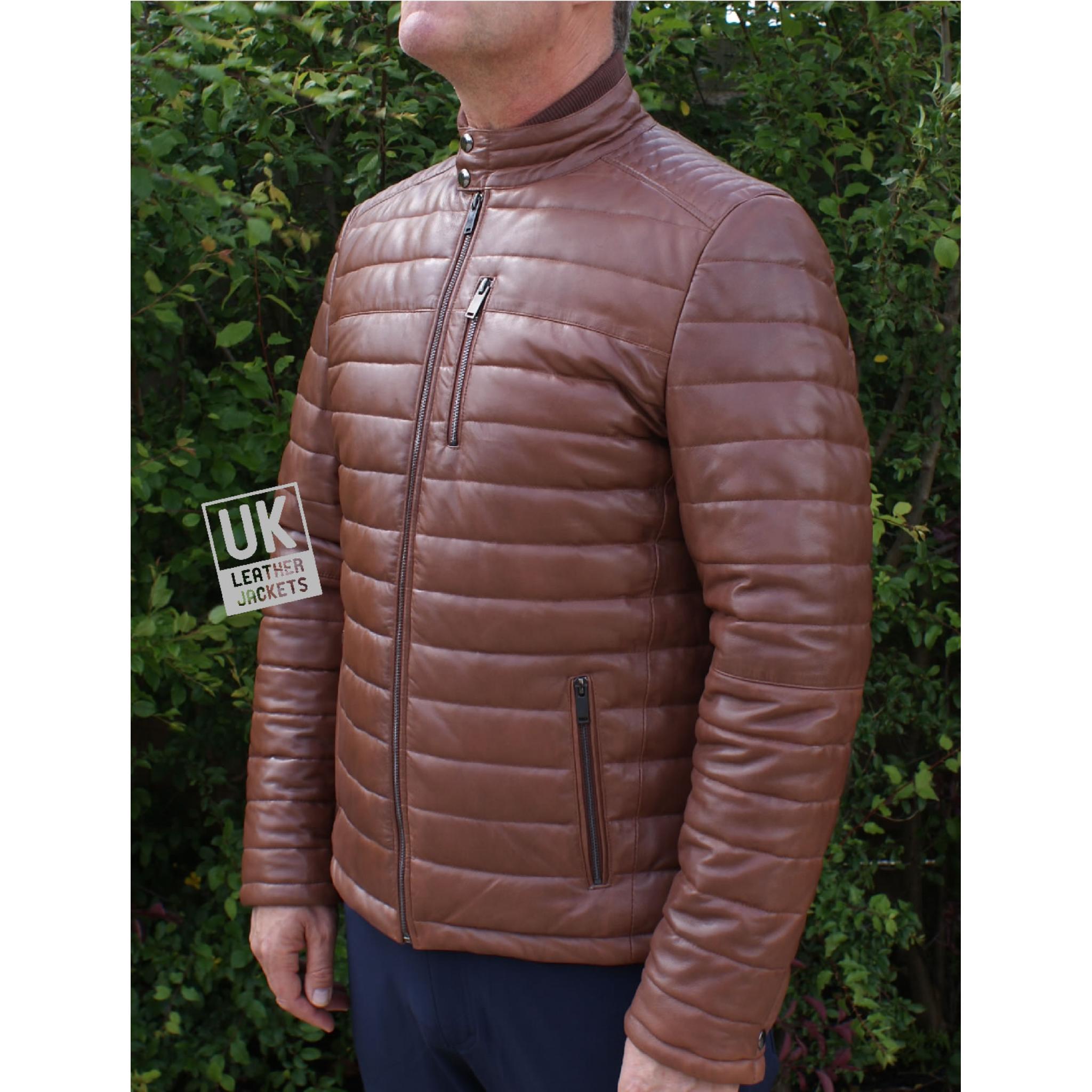Mens Light Brown Leather Jacket - Ultra Light Quilted I