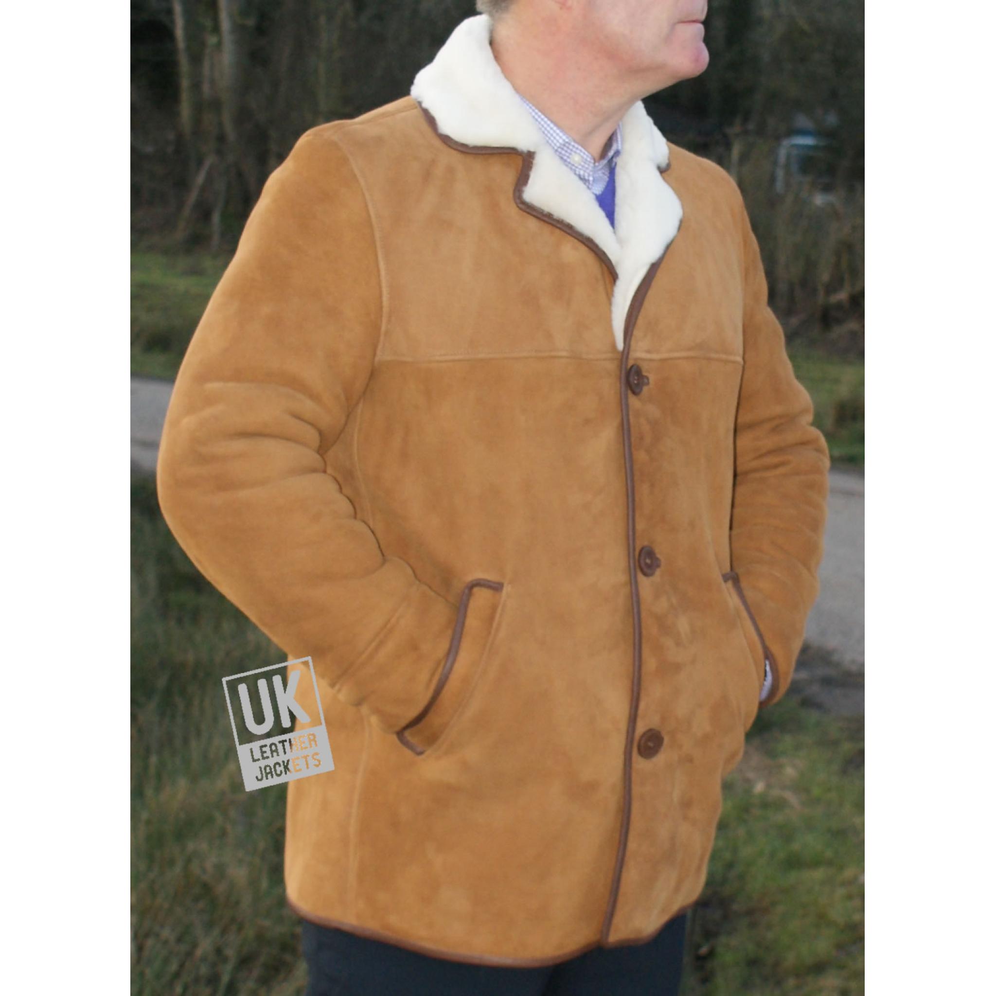 Mens Tan Sheepskin Car Coat -Foxton -Superior Quality