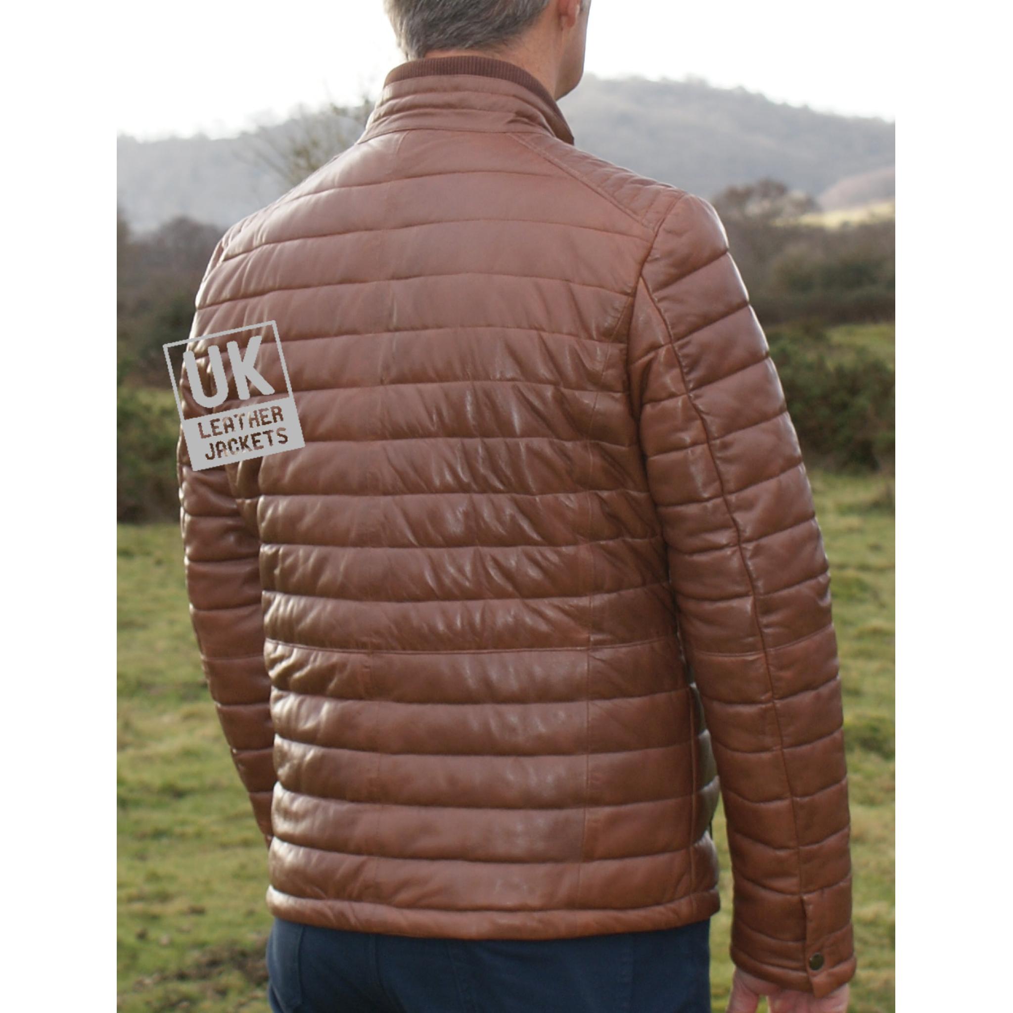 Mens Light Brown Leather Jacket - Ultra Light Quilted I
