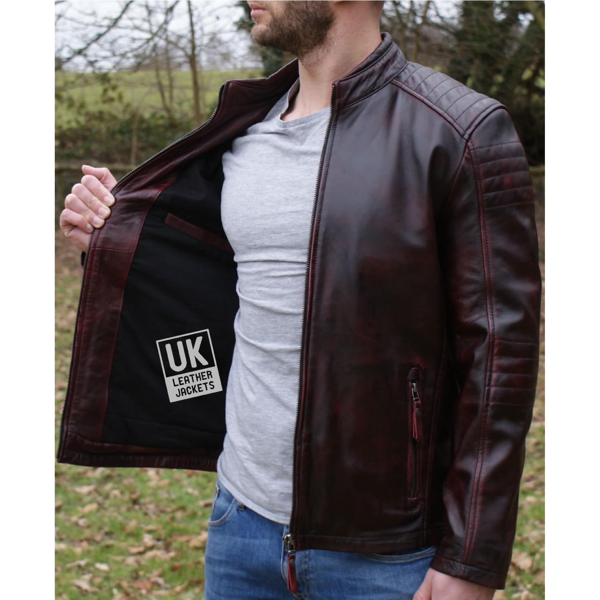 Mens Burgundy Leather Biker Jacket - Apex - Superior