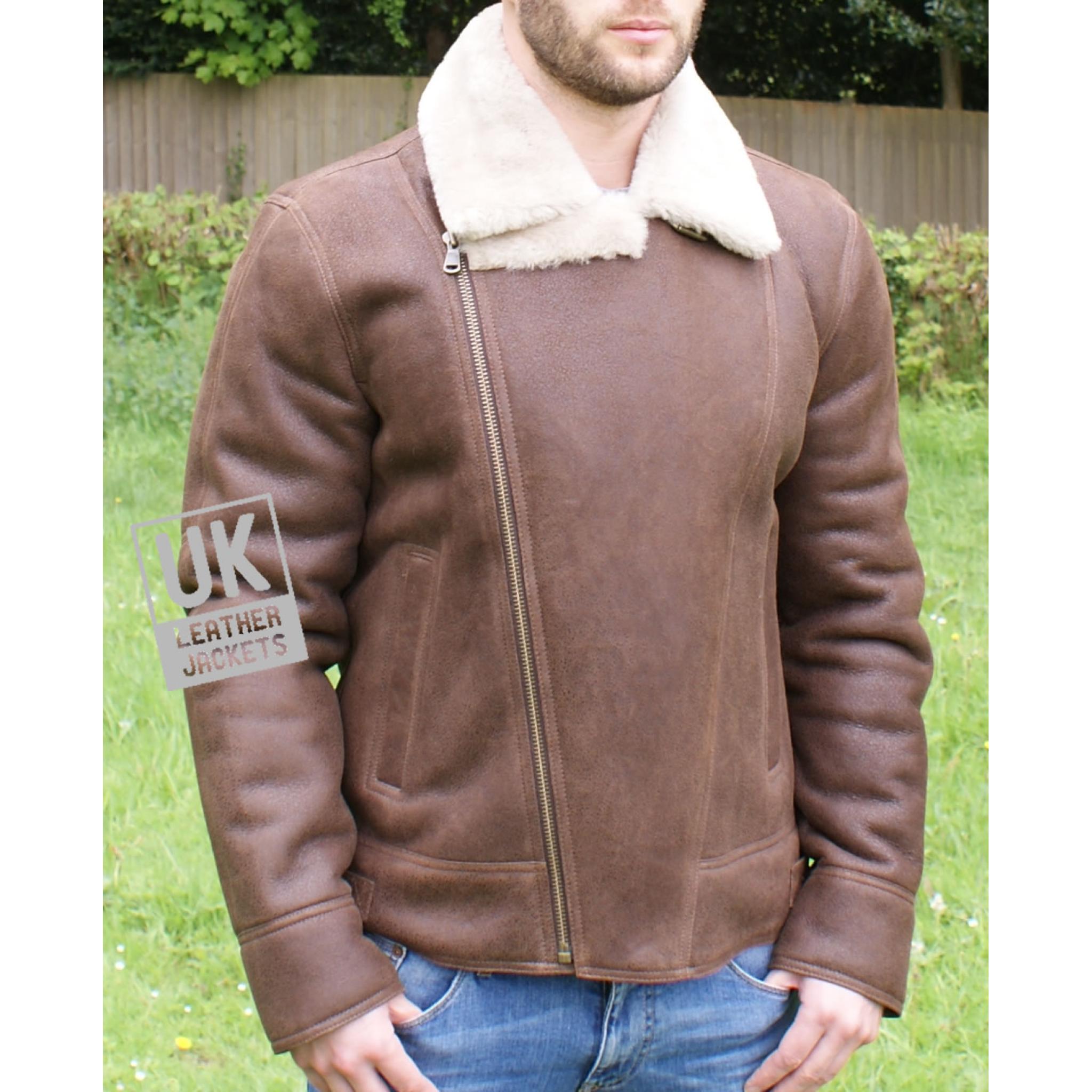 Mens Shearling Sheepskin Flying Jacket - Vail - Chestnut Brown | Free ...