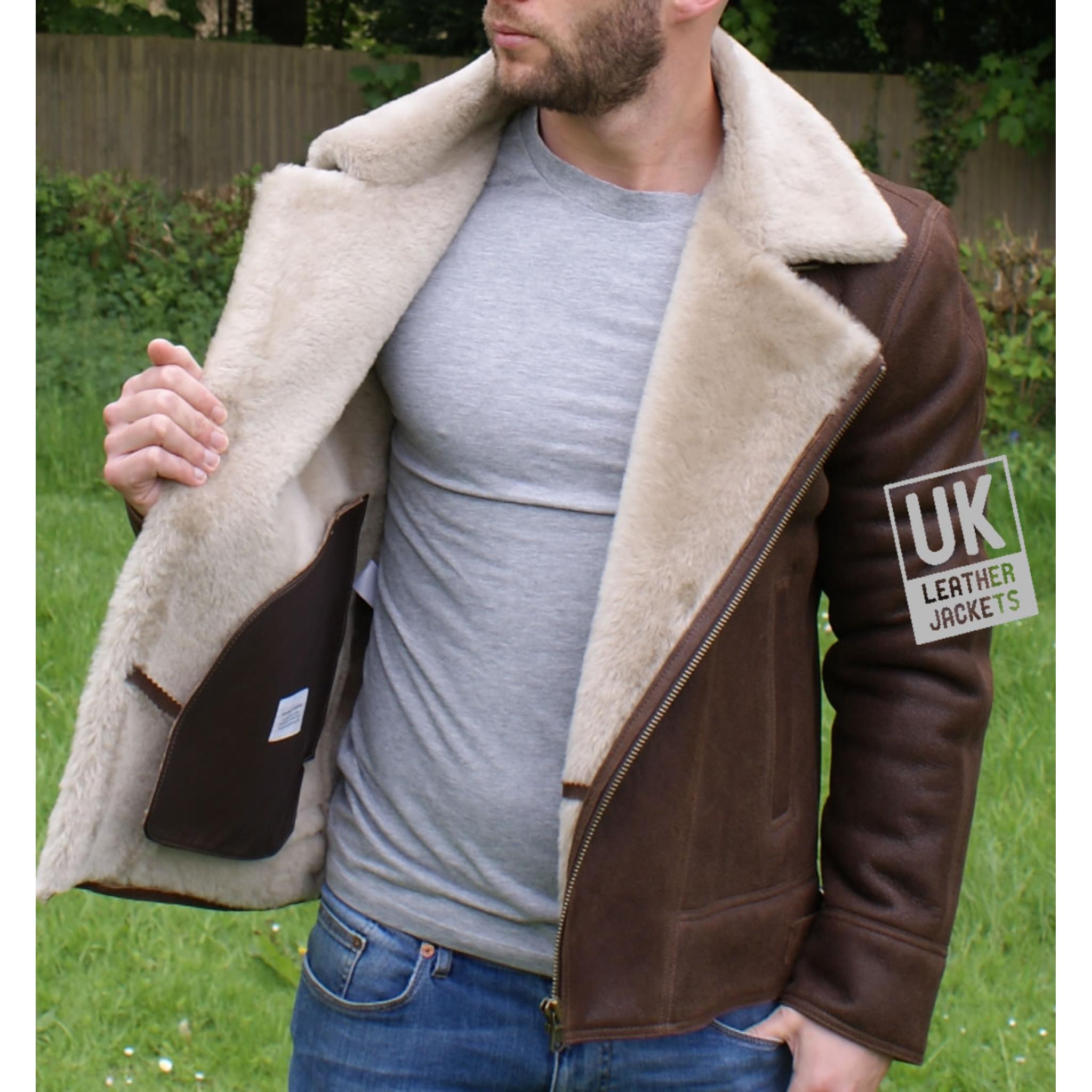Mens Shearling Sheepskin Flying Jacket - Vail - Chestnut Brown | Free ...